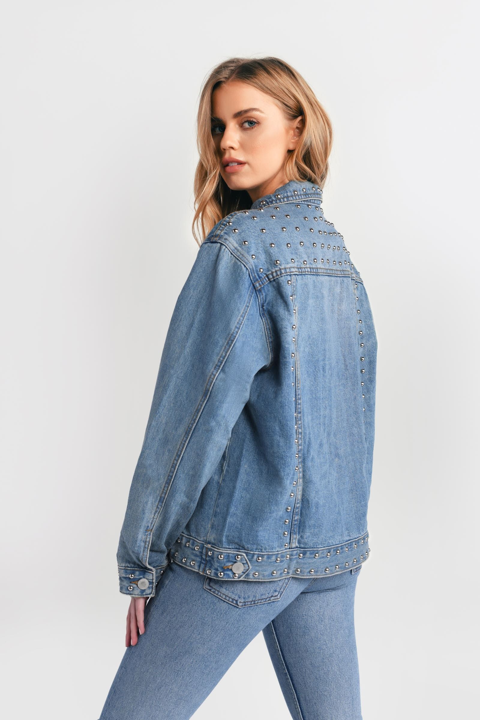 Medium Wash Denim Jacket - Firestone Studded Denim Jacket - Button Up ...