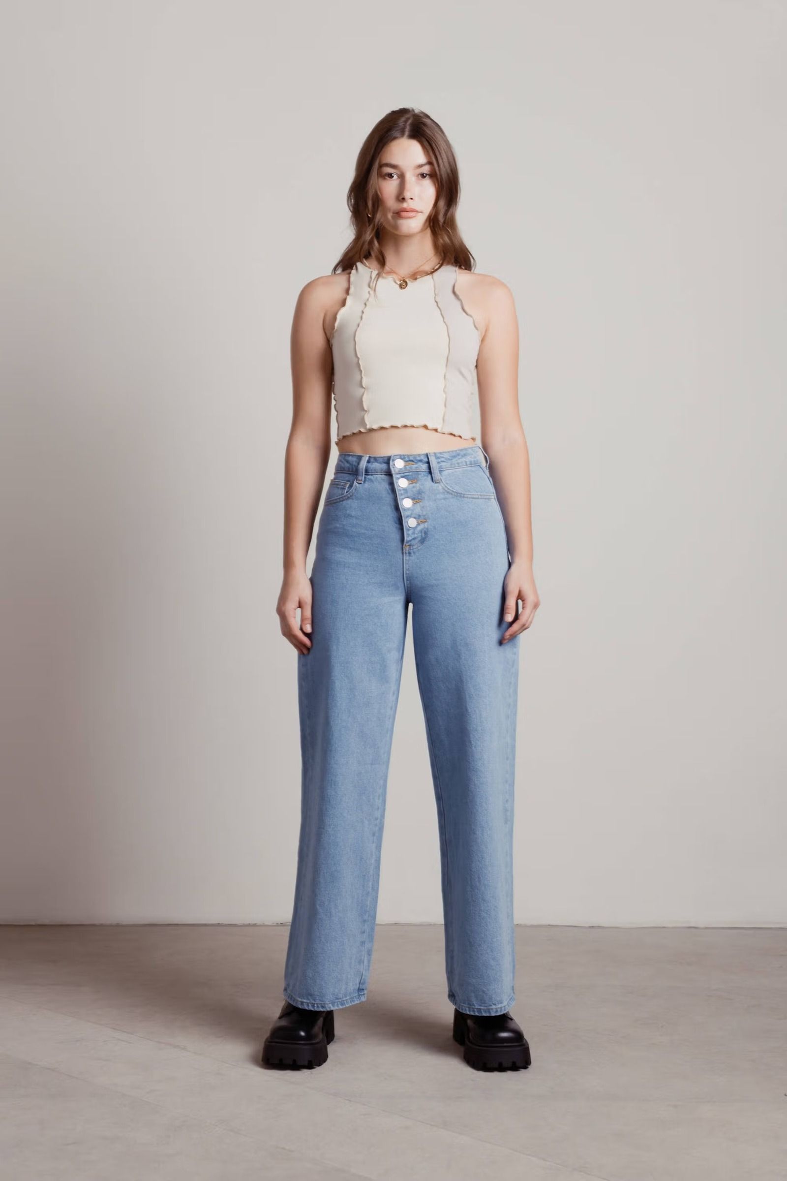 Medium Wash High Waisted Buttoned Jeans - Wide Leg Blue Jeans