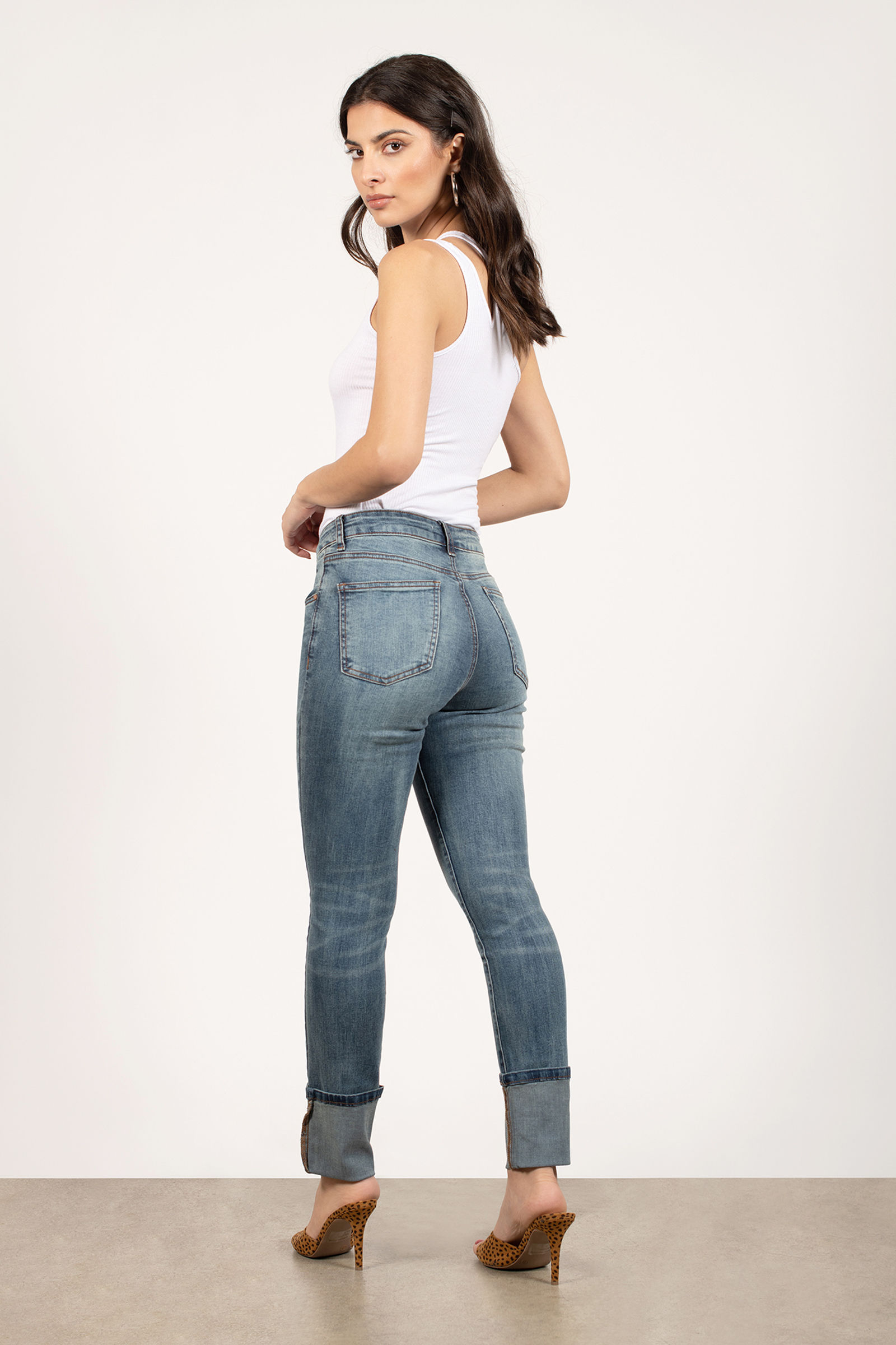 Blue Jeans - Mid Rise Skinny Jeans - Medium Wash Cuffed Low Rise Jeans