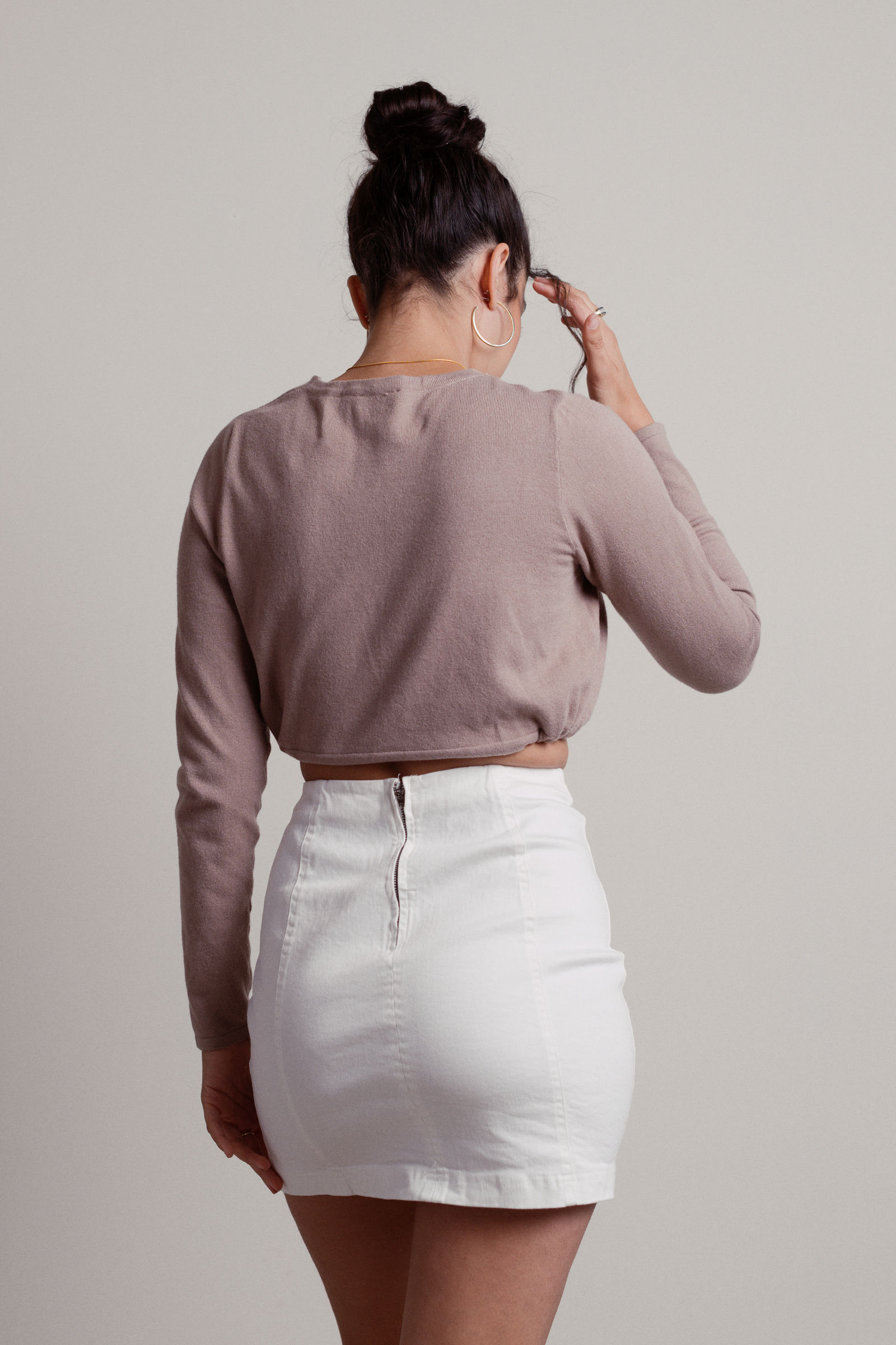 Brown Crop Top - Deep-V Tie Front Crop Top - Mocha Long Sleeve Crop Top