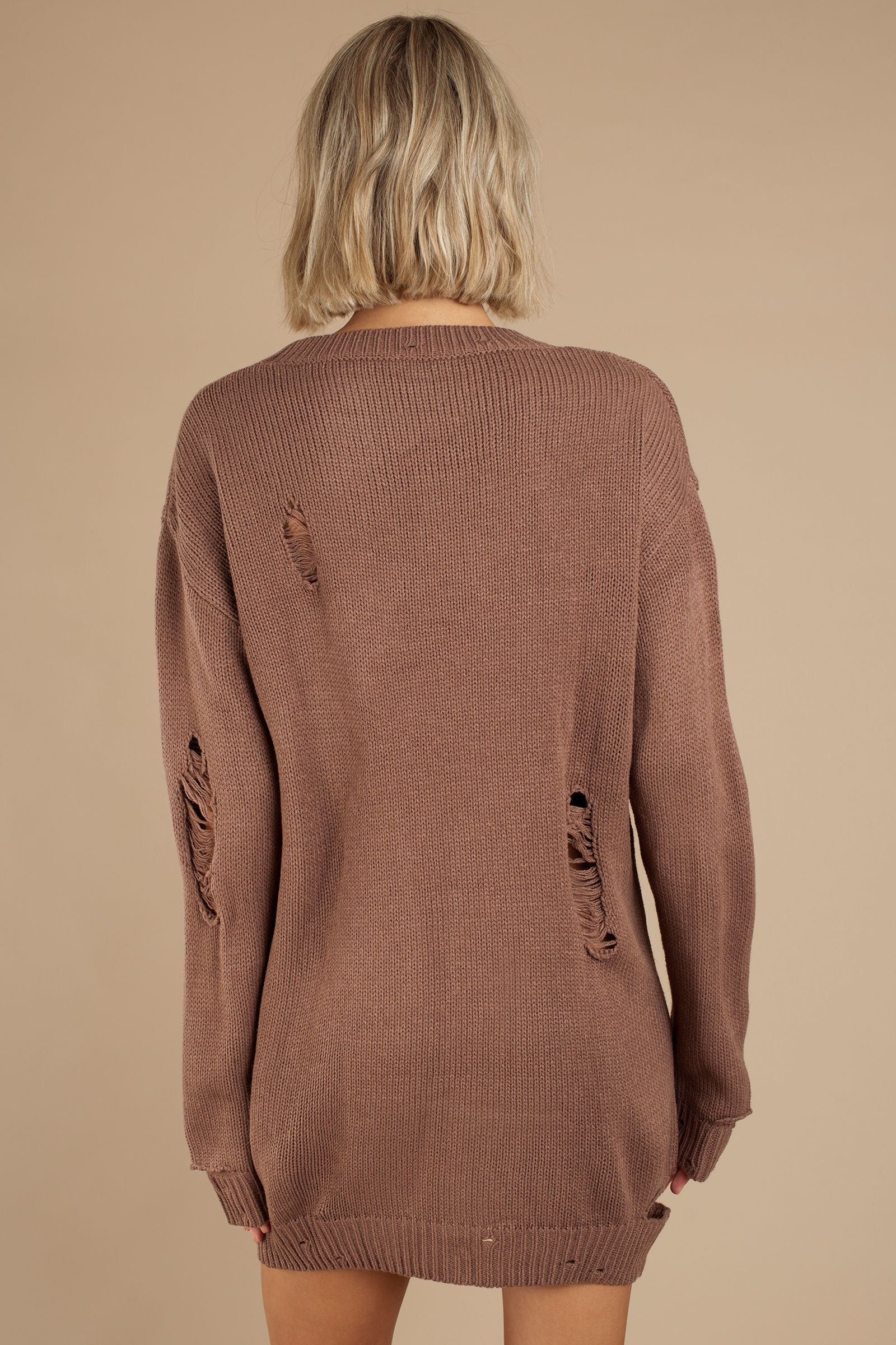 Black Mini Dress - Neckline Sweater Dress - Distressed Sleeve Dress