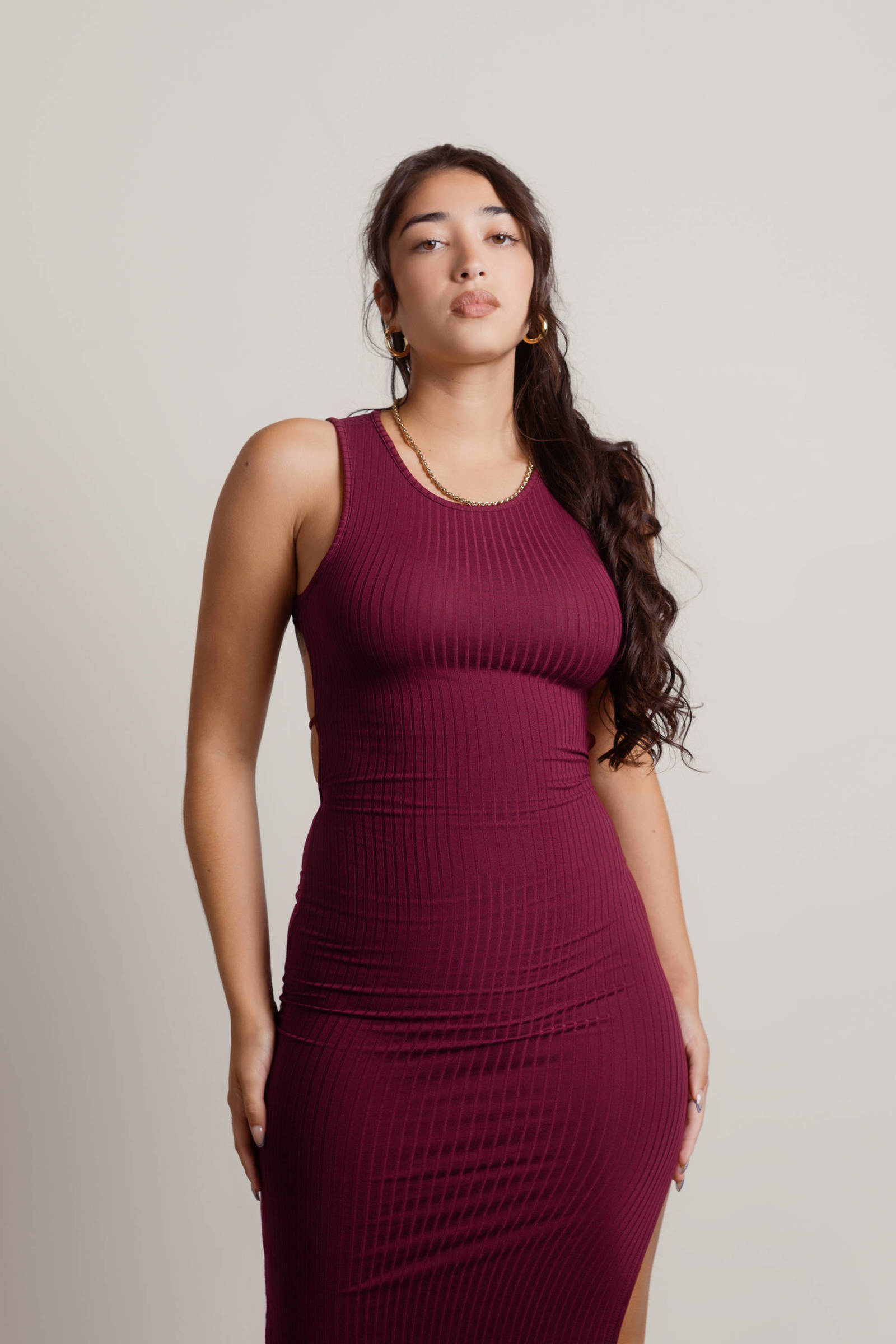 Brown Midi Dress - Ribbed Side Slit Dress - Backless Bodycon Dress