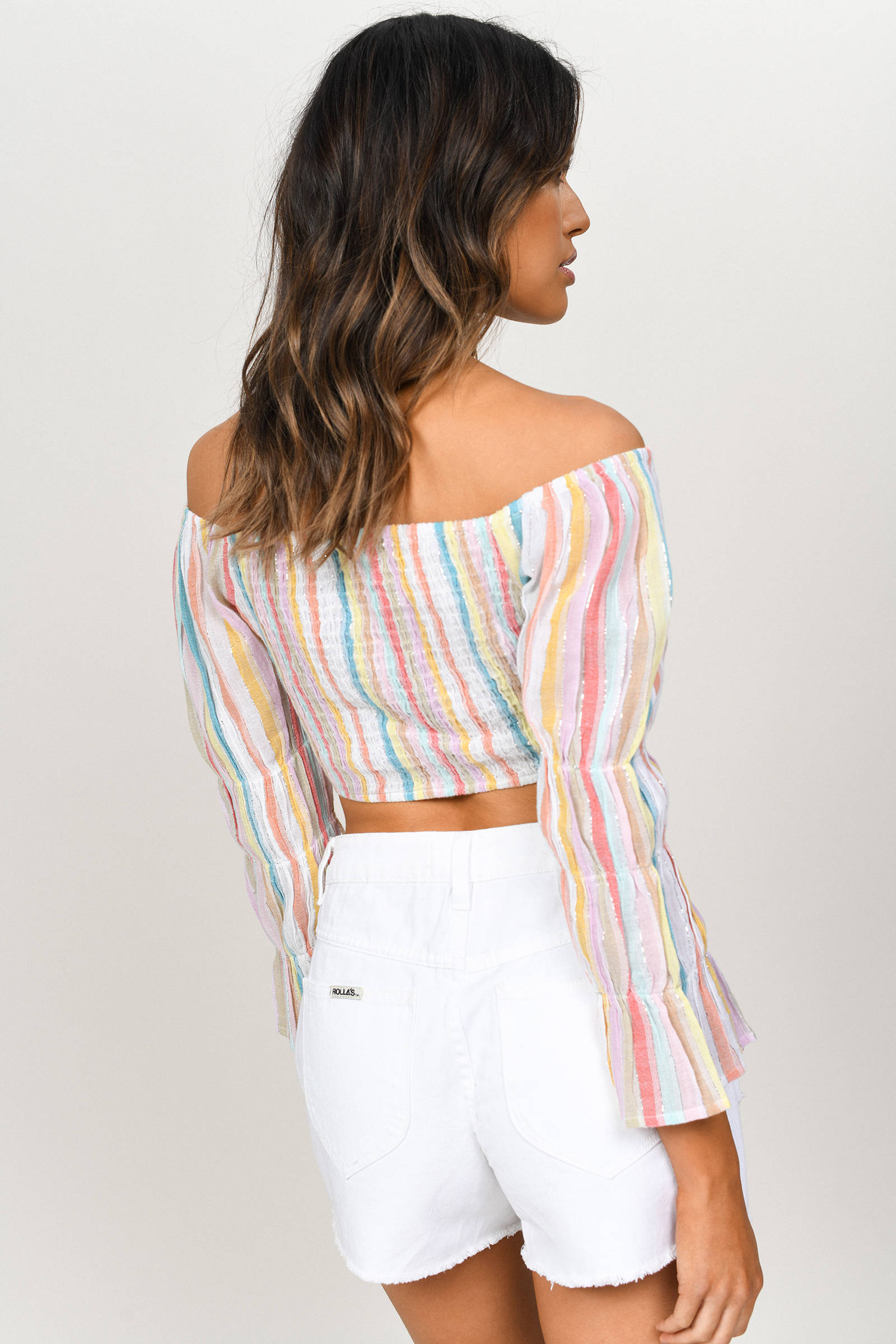 Multi Color Crop Top - Sleeve Midriff Out Crop Top - Off Shoulder V ...