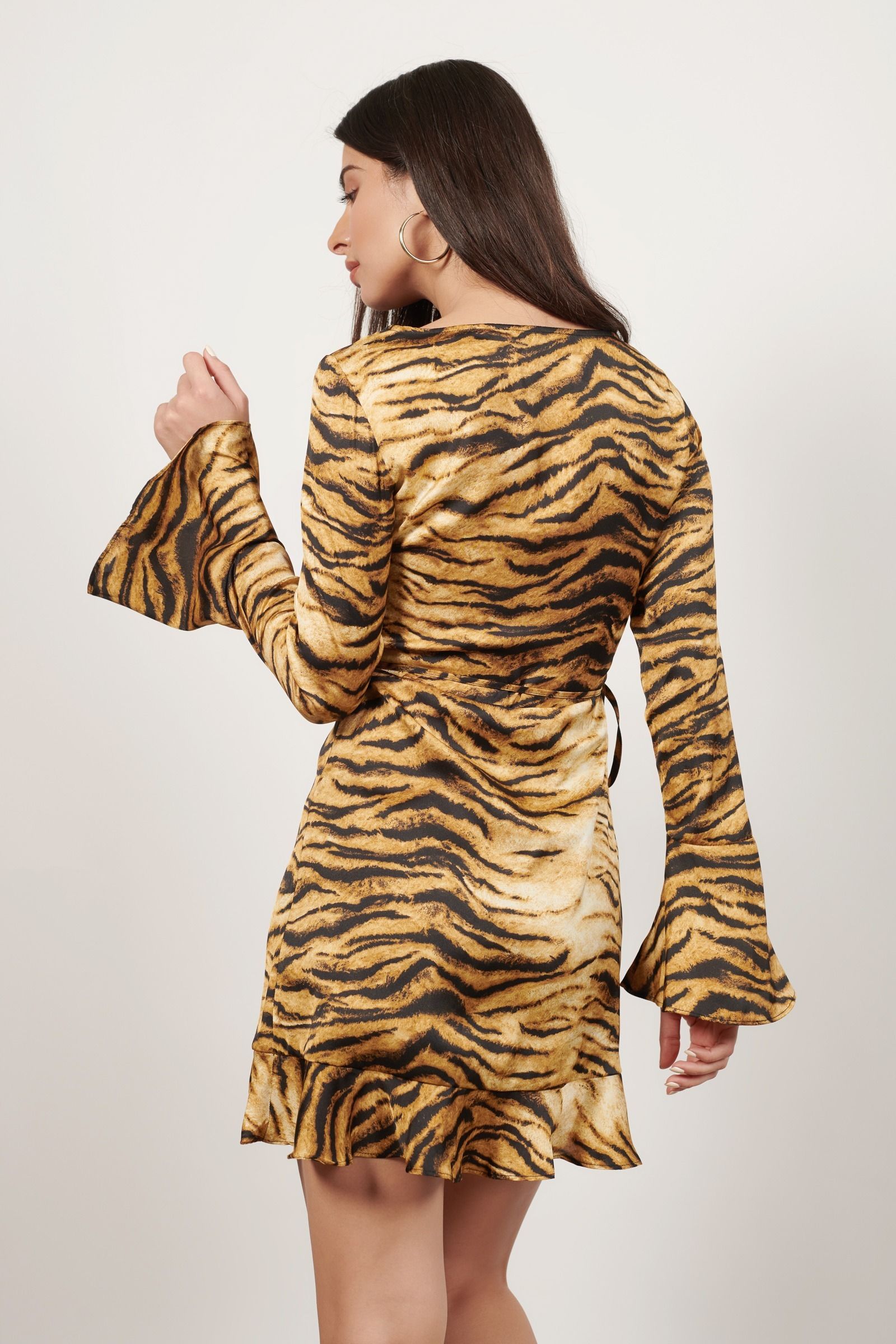 Yellow Tiger Print Dress - Wrap Shift Dress - Long Sleeve V-Neck