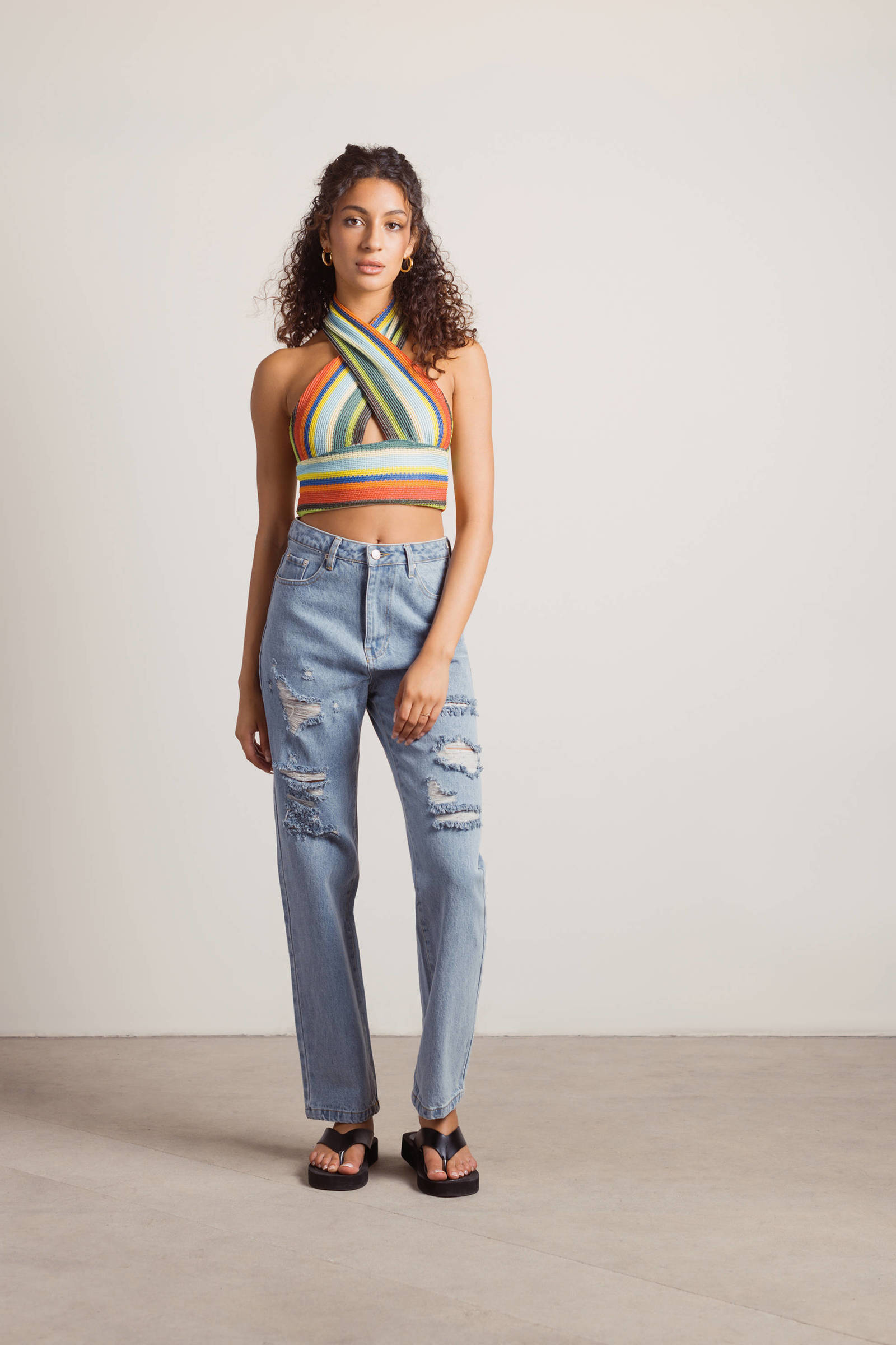 Multi Color Crop Top - Multi Halter Neck Crop Top - Striped Print Crop Top