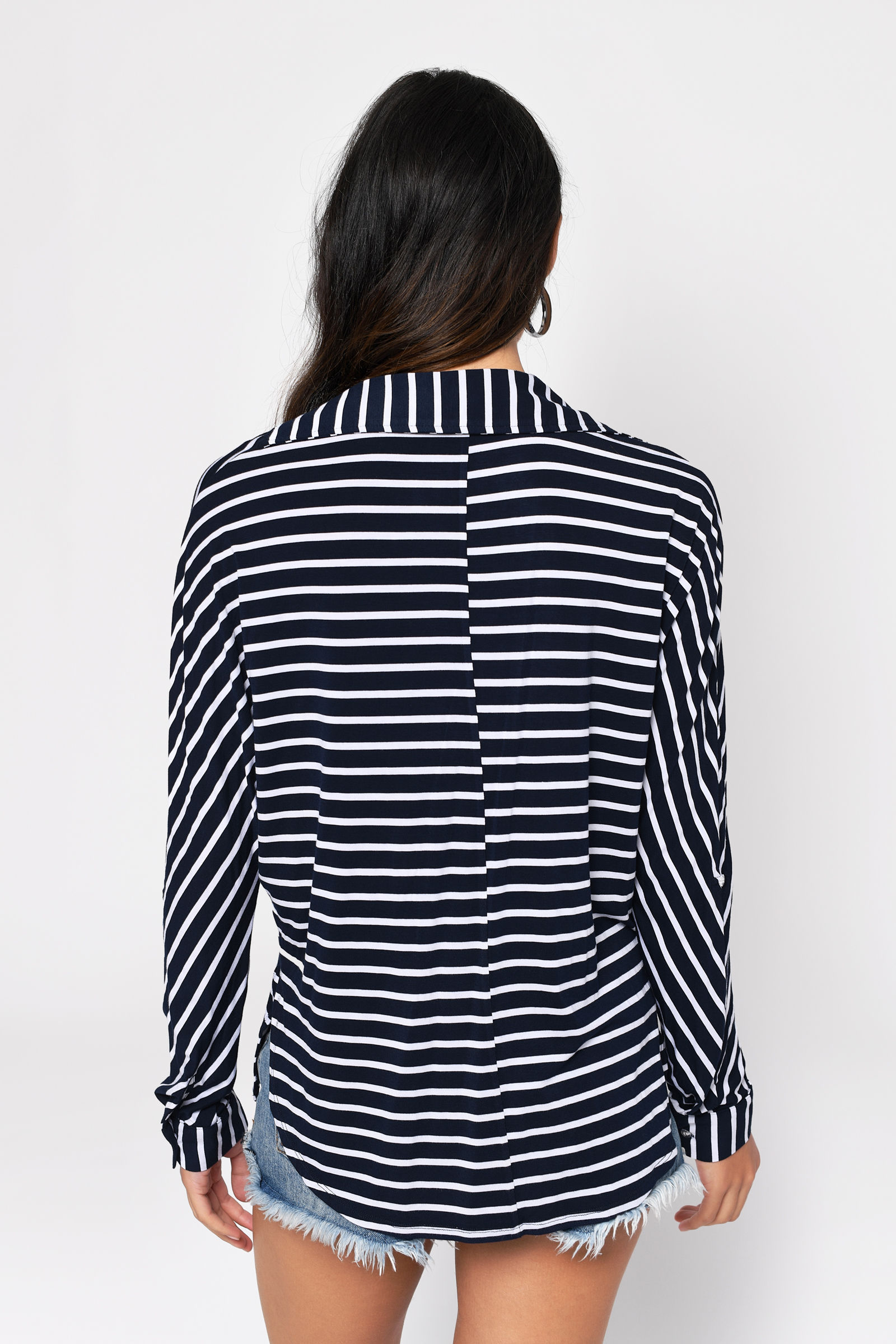 Navy And Blue Blouse - Deep V-Neck Blouse With Center Slit - Striped Blouse