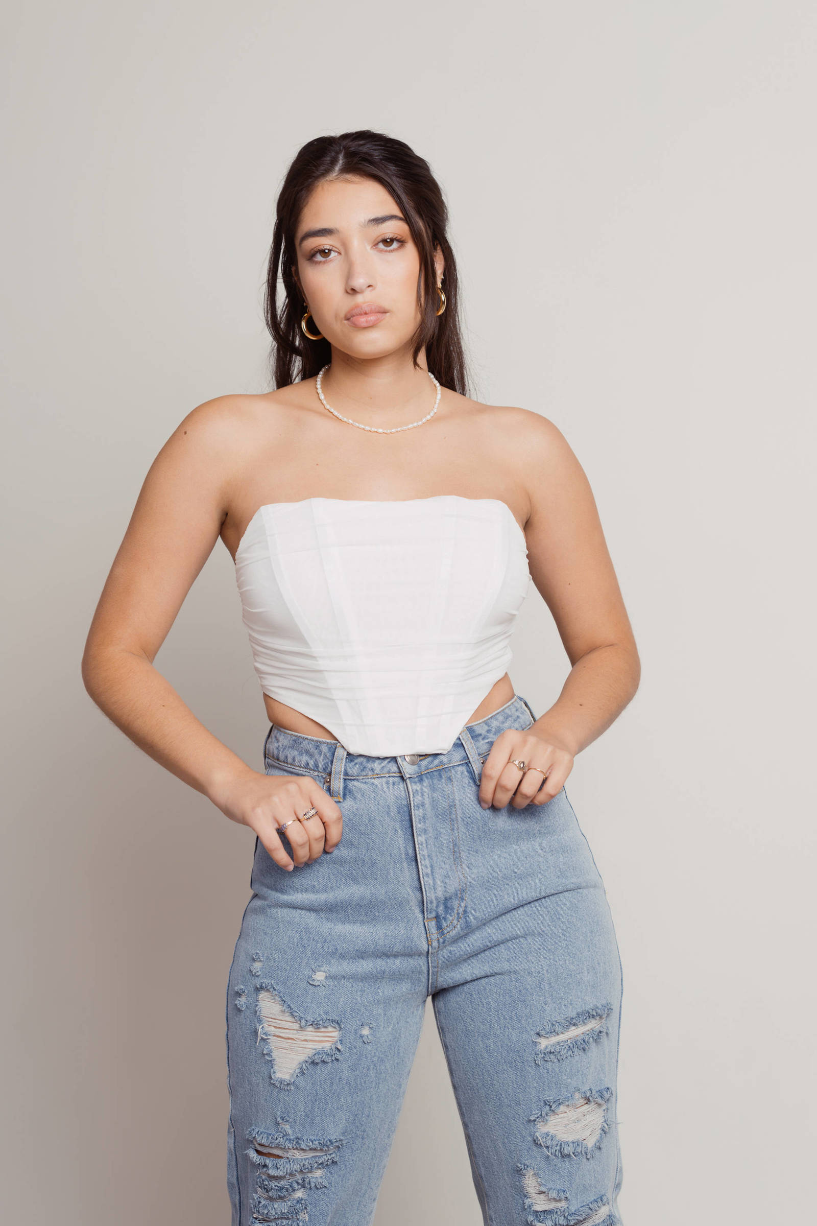 Black Crop Top - Mesh Gathered Strapless Crop Top - Bustier Corset Crop Top