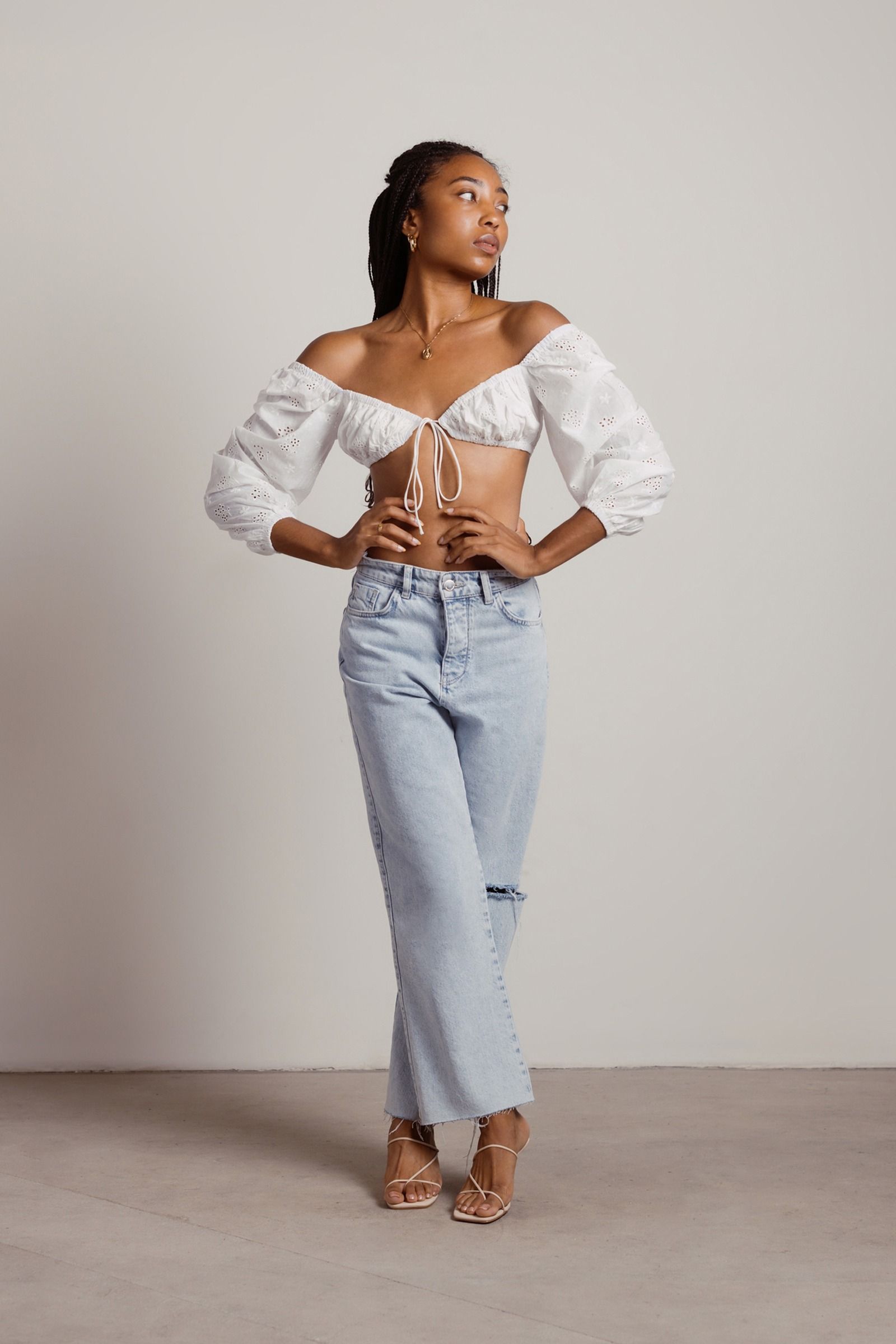 White Eyelet Bra - White Crop Top - Long Sleeve Crop Top