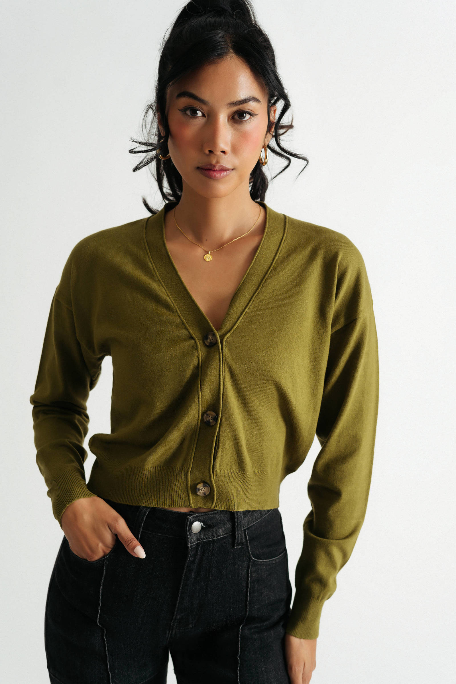 Olive Green Button Up Cardigan - Crop Top Long Sleeve