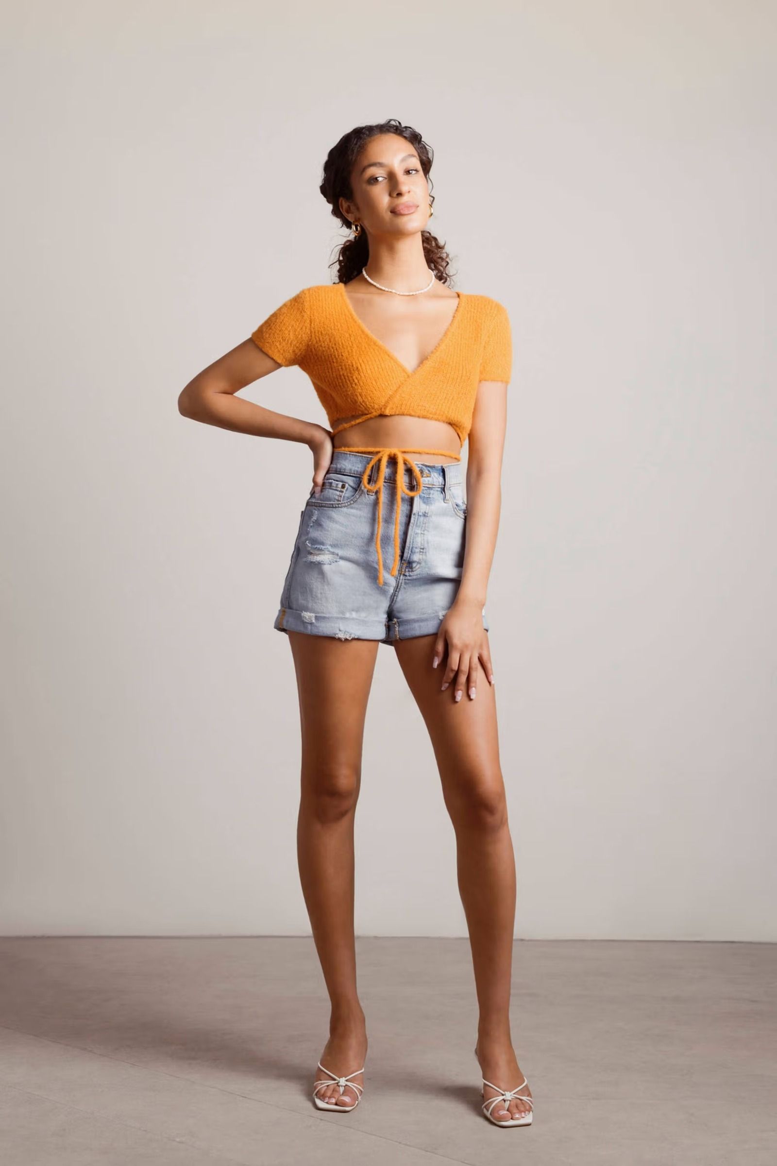 Orange V Neck Crop Top - Fuzzy Wrap Top - Front Tie Crop Top