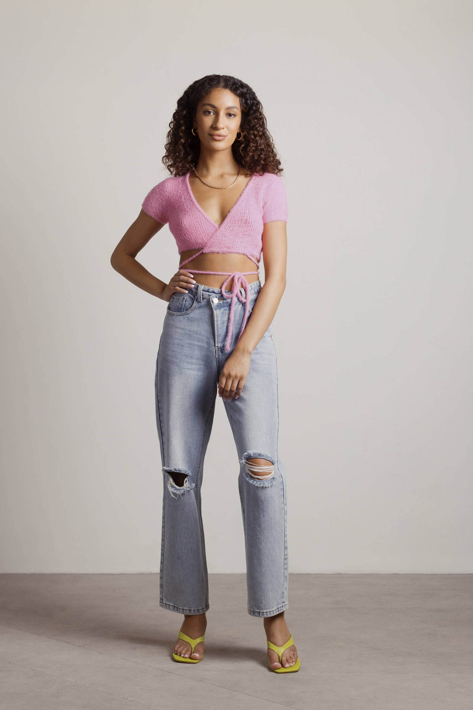 Orange V Neck Crop Top - Fuzzy Wrap Top - Front Tie Crop Top