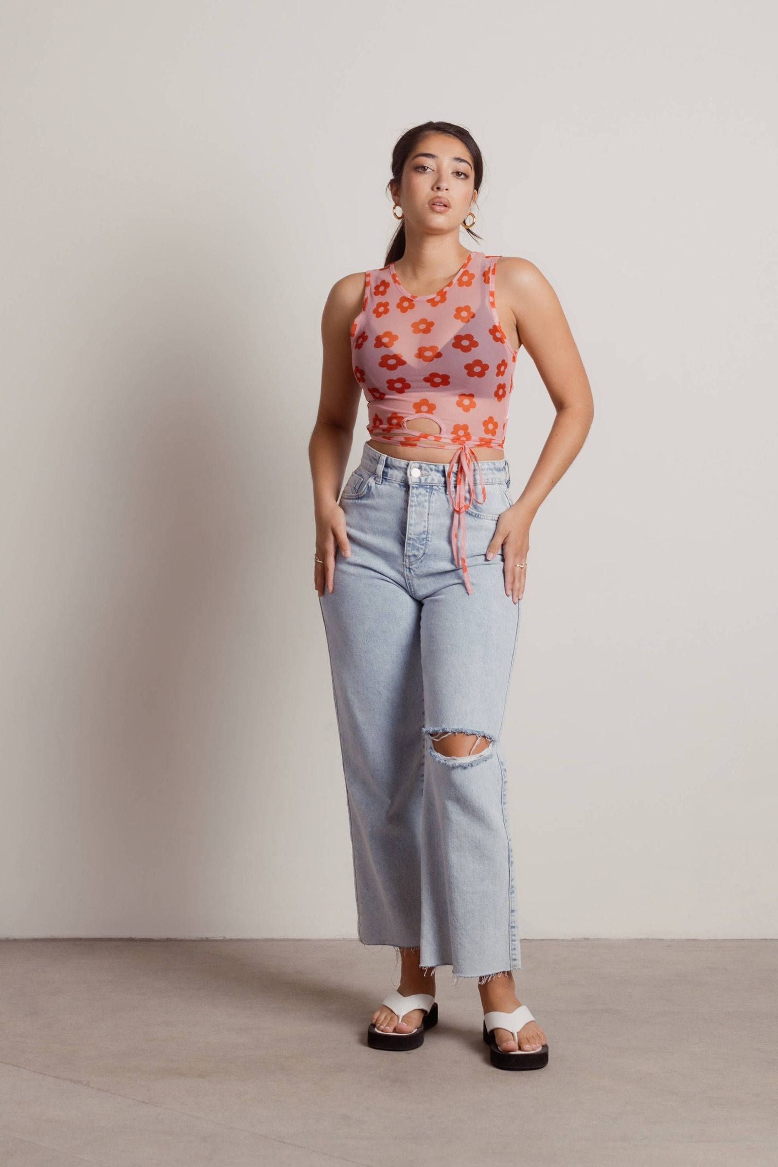 Ginger Sheer Mesh Crop Top - Floral Mesh Top - Sleeveless Tank