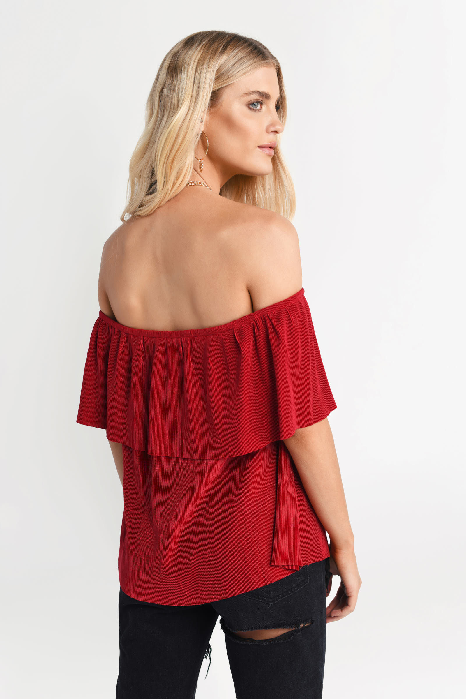 Cute Red Blouse - Date Top - Off Shoulder Red Top - Pleated Top