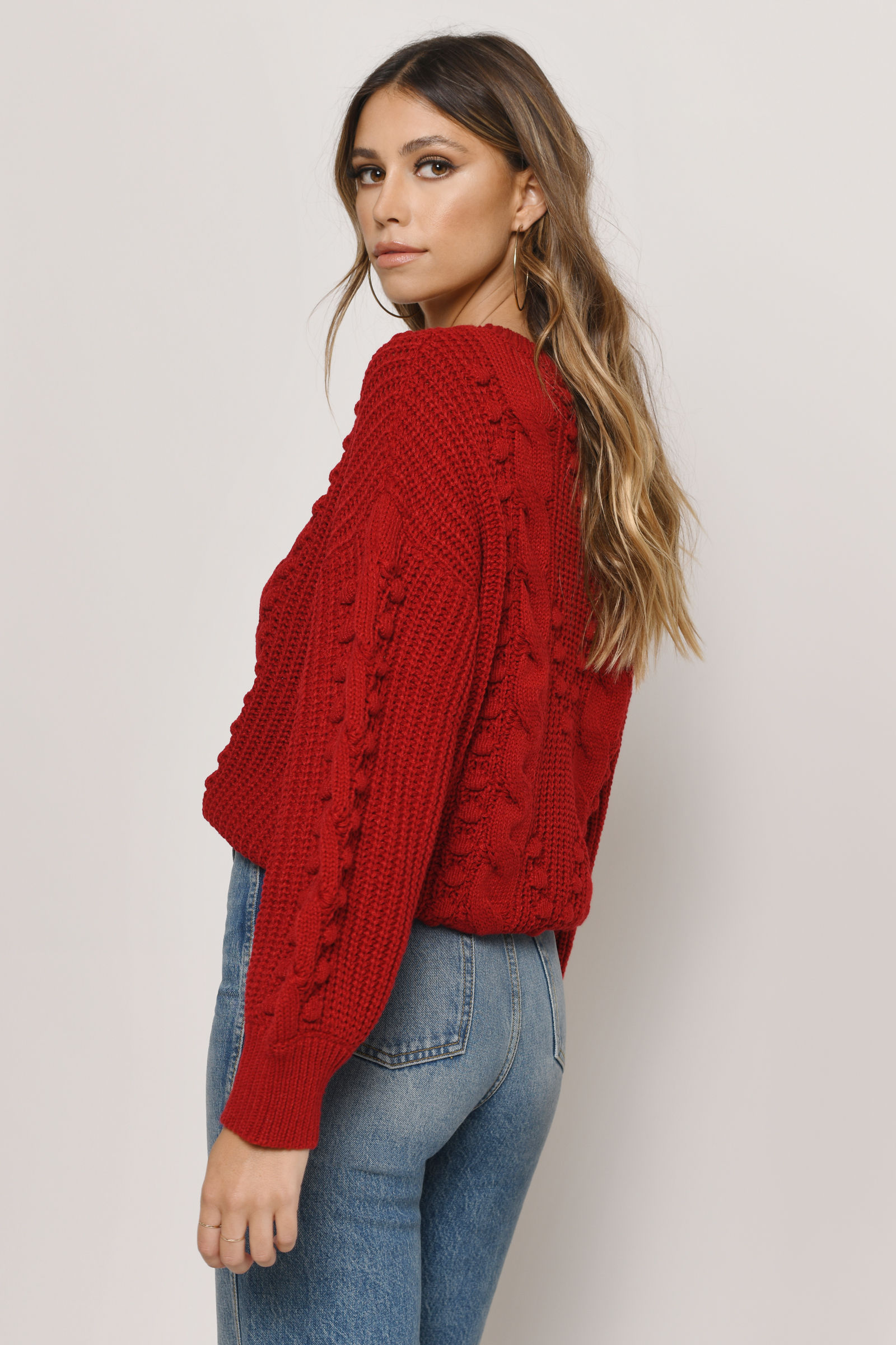 Red Sweater - Crew Neckline Sweater - Bubble Sleeve Sweater