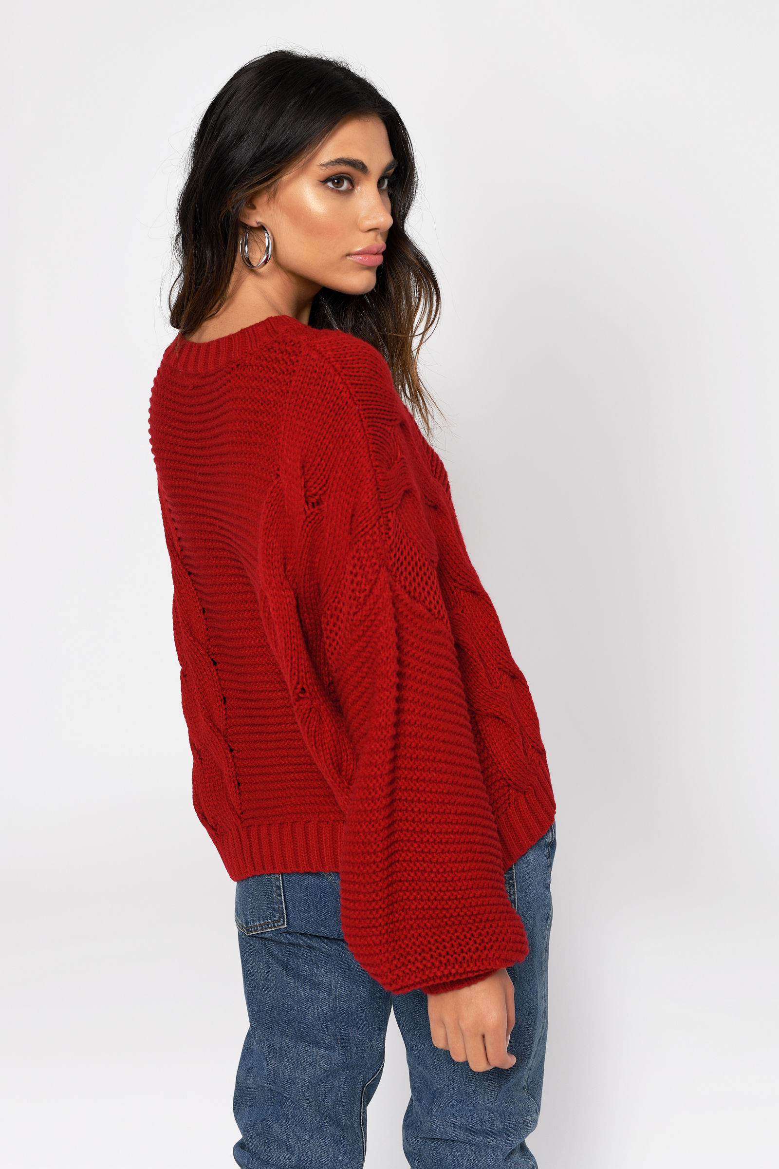 Red Sweater - Chunky Knit Sweater - Crew Neckline Sweater