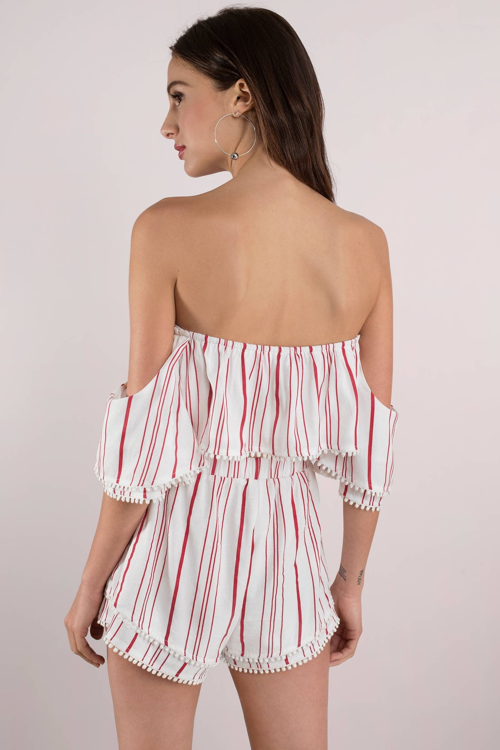 Red Shorts - Ruffled Shorts - Red Striped Shorts - Pom Trimmed Shorts