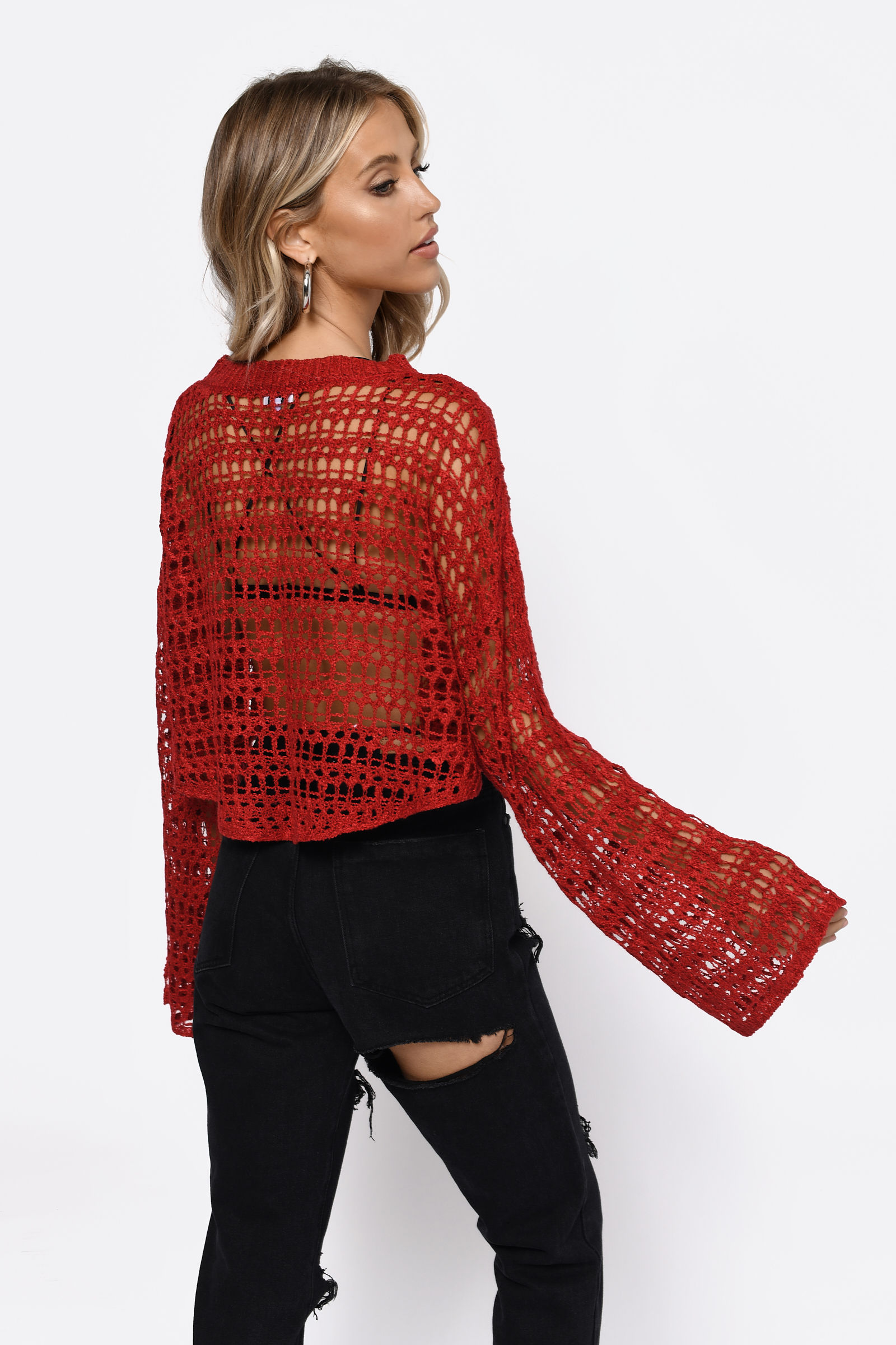 Red Crop Sweater - Crochet Knit Crop Sweater - Crew Neckline Crop Sweater