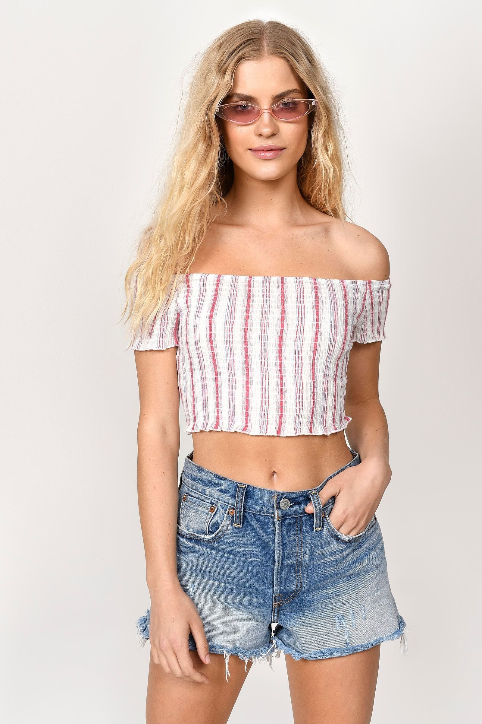 Red Crop Top - Multi Stripe Crop Top - Shirred Top With Ruffle Sleeves