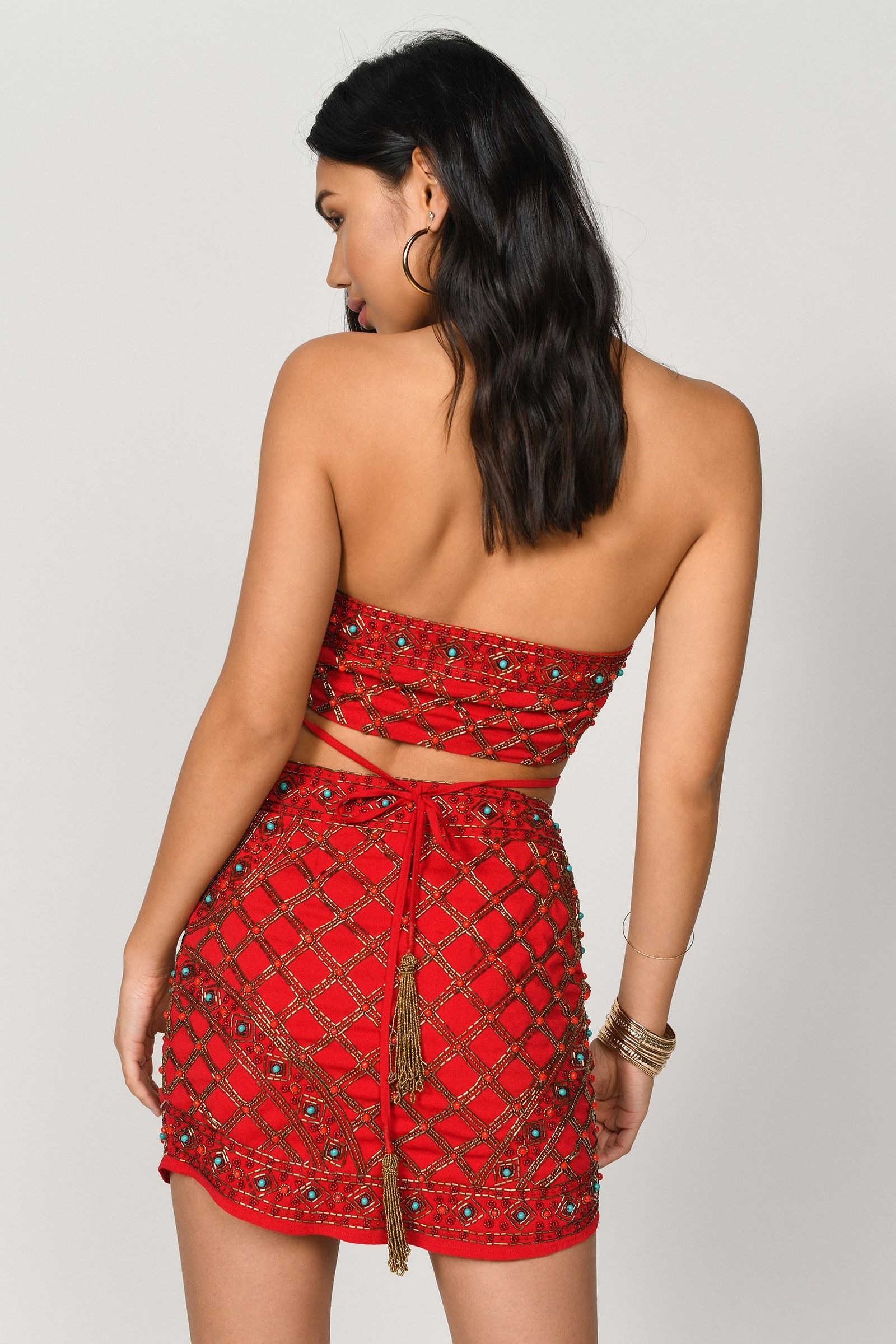 Red Crop Top - Front Lace Up Crop Top - Embellished Crop Top