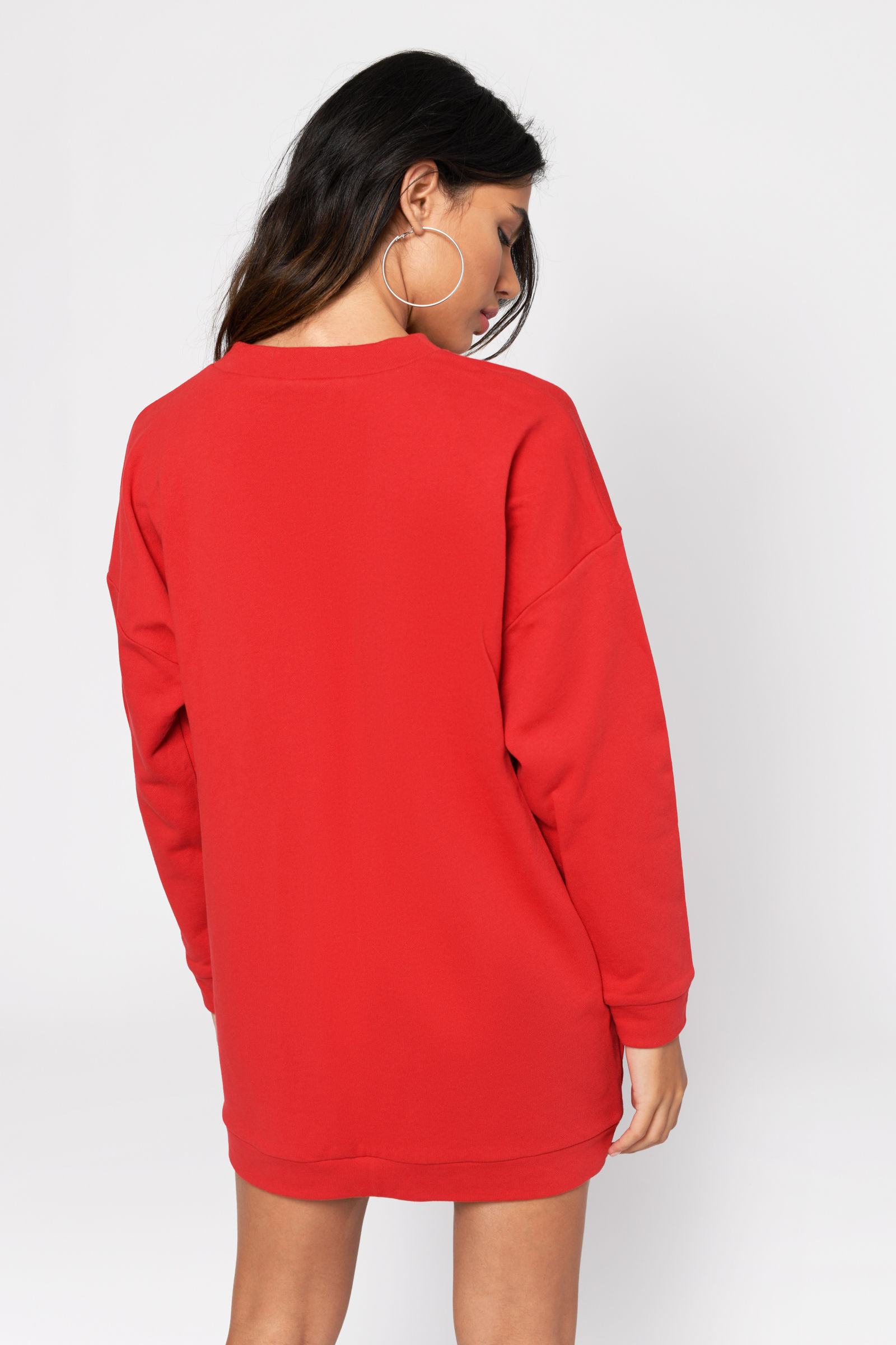 Red Mini Dress - Choker Neck Sweatshirt Dress - Deep V Cutout Dress