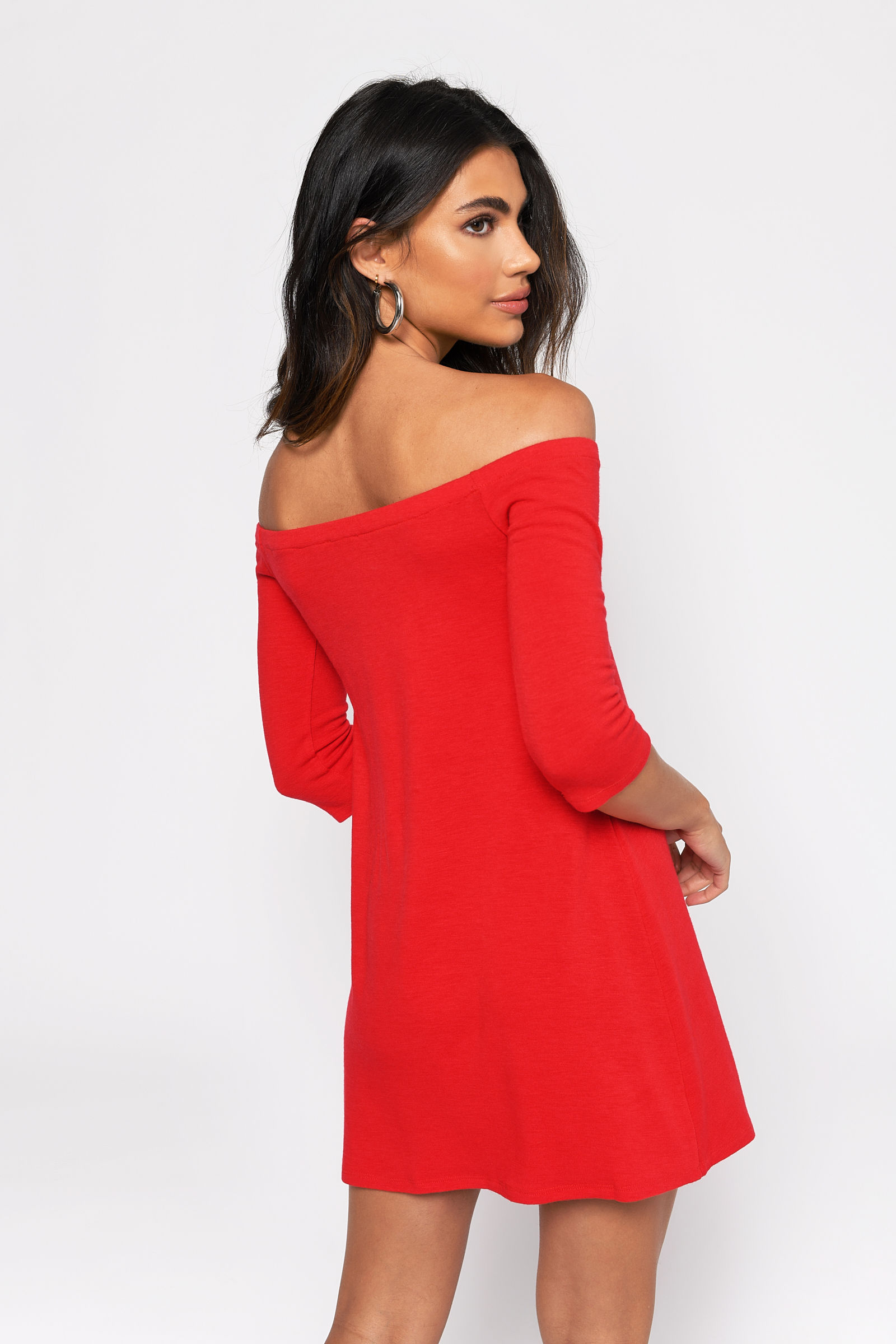Red Mini Dress - Off Shoulder Shift Knit Dress - Chic Bardot Neckline Dress
