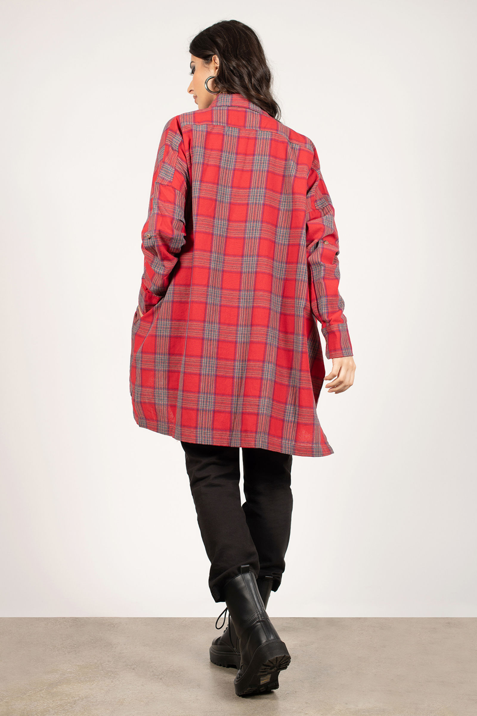 Red Plaid Tunic - Button Up Tunic Dress - Oversized Plaid Tunic