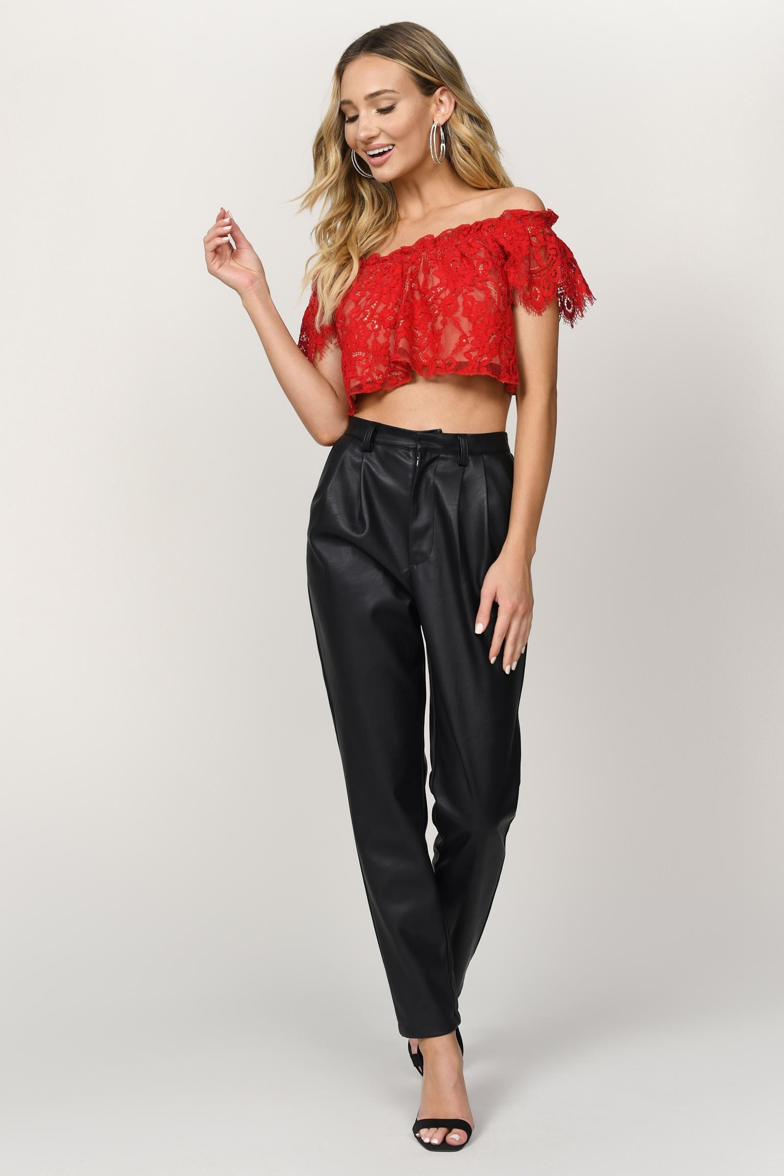 Red Crop Top - Lace Off Shoulder Crop top - Runched Crop Top