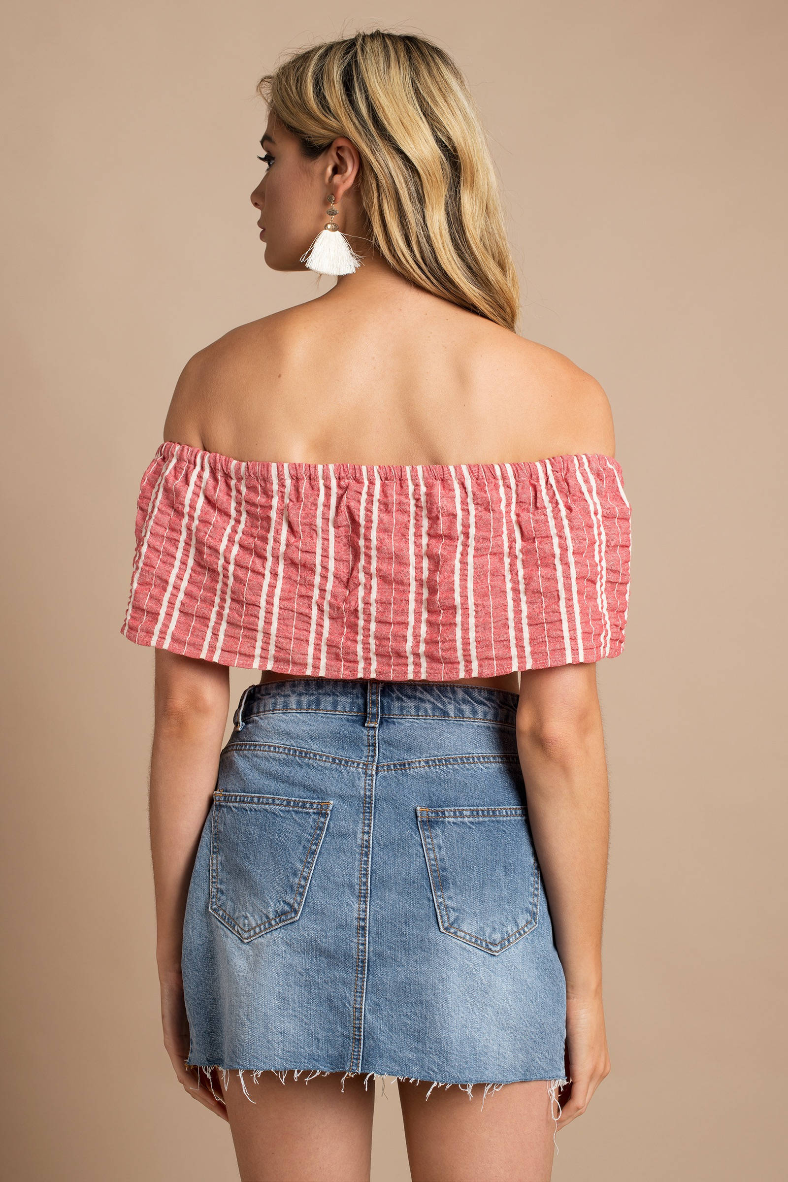 Red Crop Top - Stripes Bardot Crop Top - Off Shoulder Neck Crop Top
