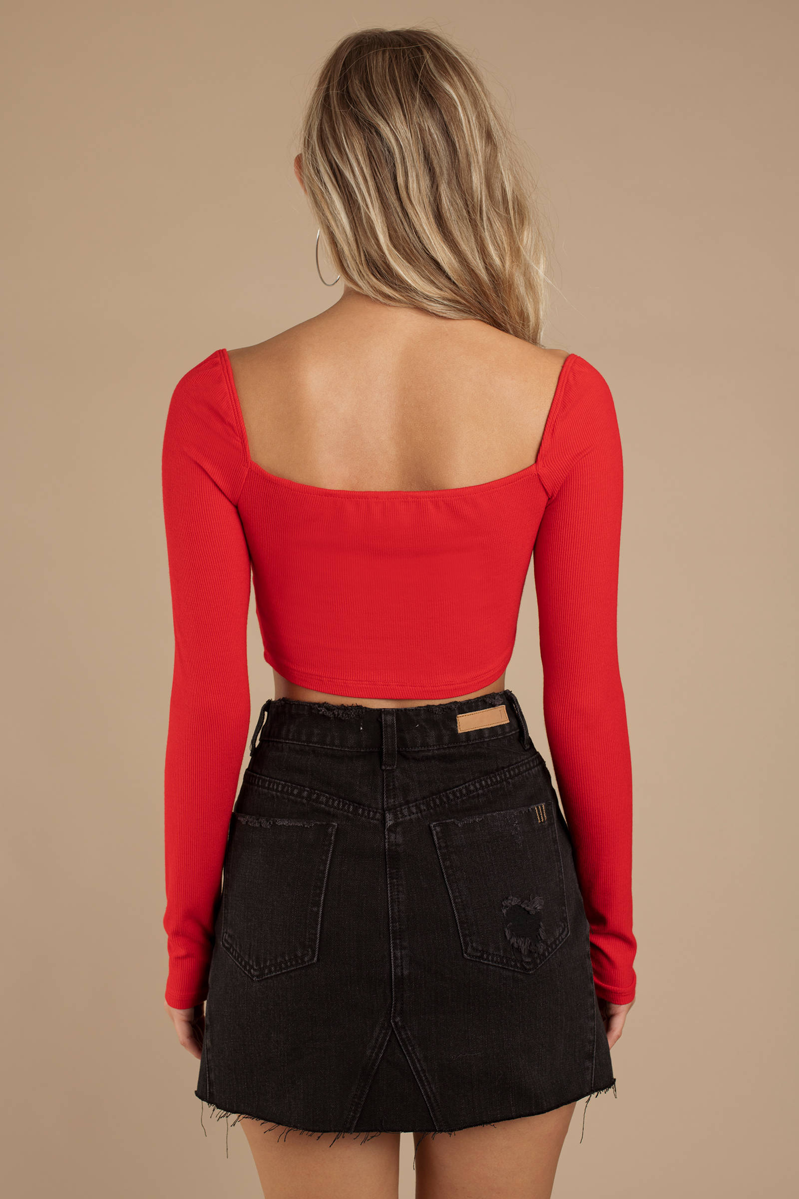 Red Crop Top - Square Neck Ribbed Crop Top - Long Sleeve Knit Crop Top