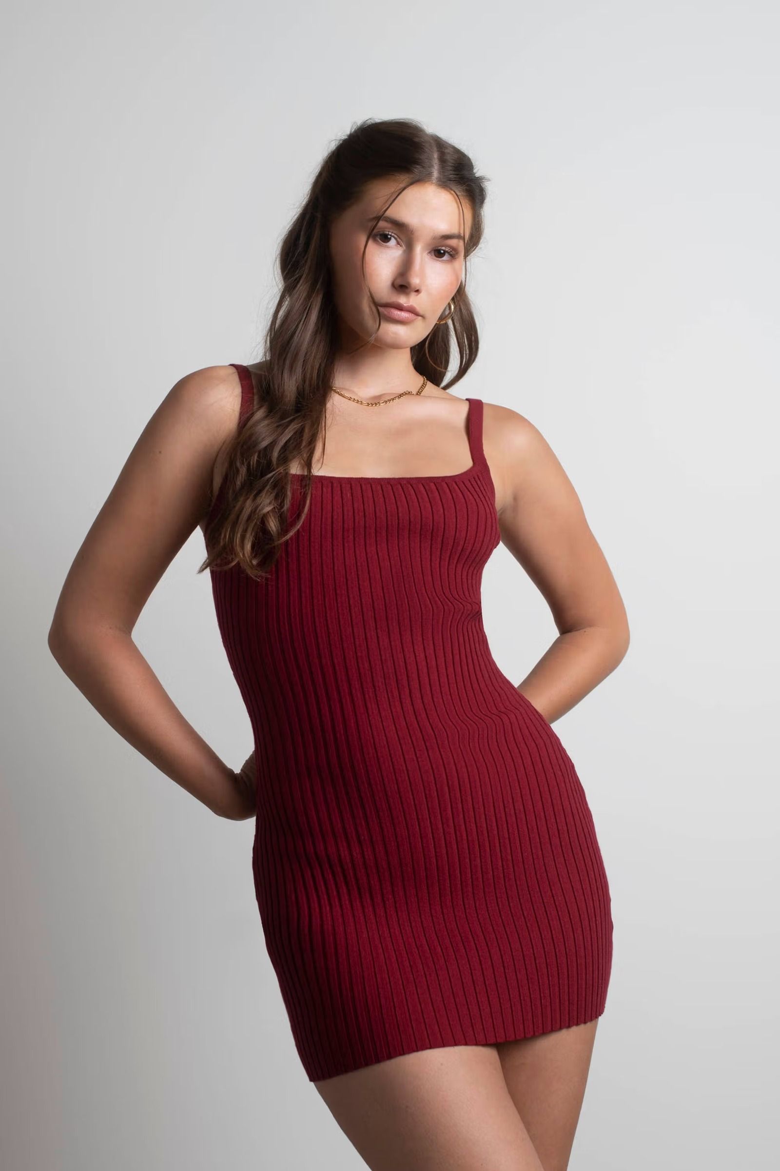 Ruby Red Ribbed Sweater Mini Dress - Bodycon Cutout Mini Dress