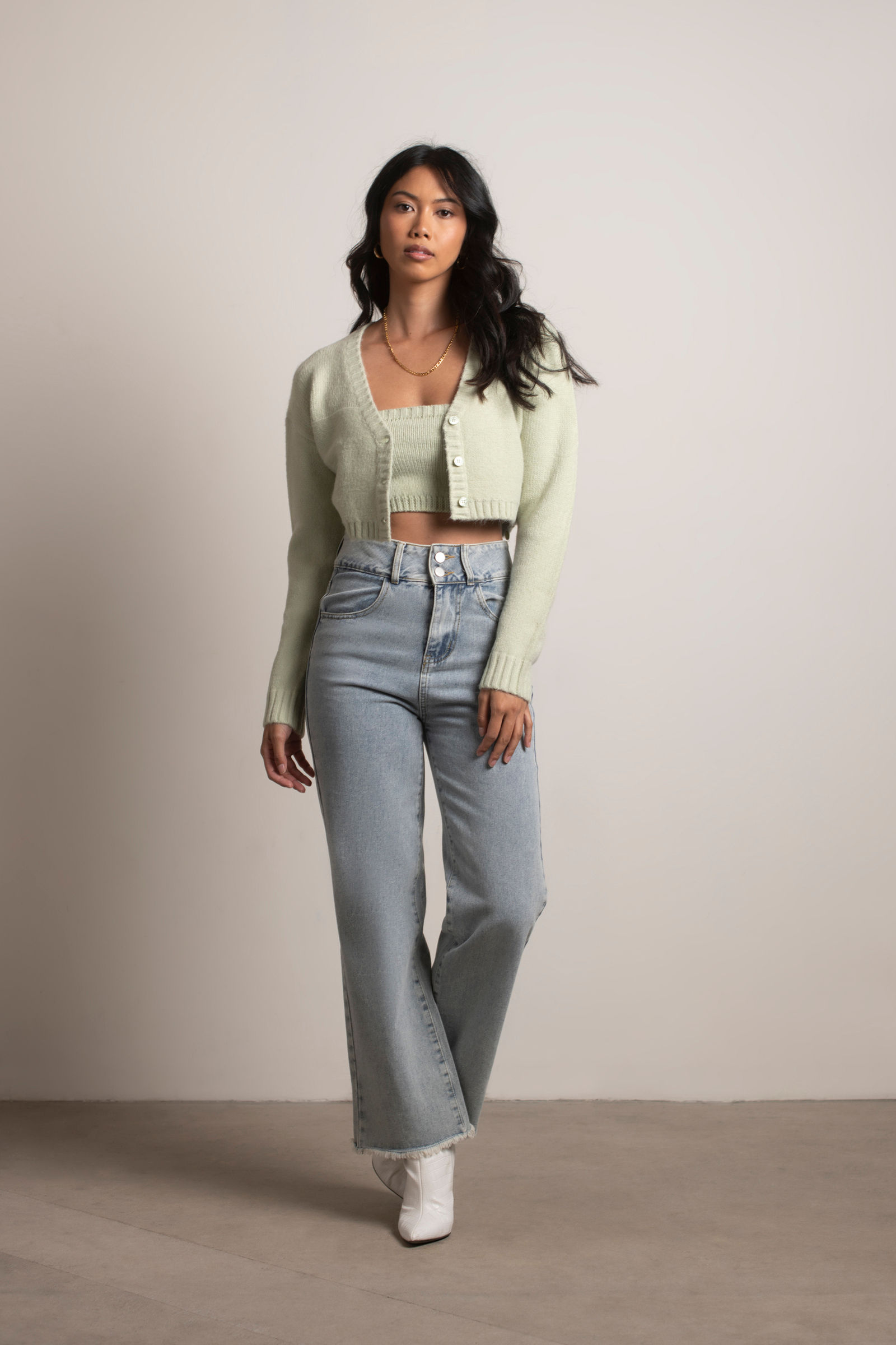 Ivory Cardigan Set - Front Button Sweater Top - White Cropped Cardigan Set