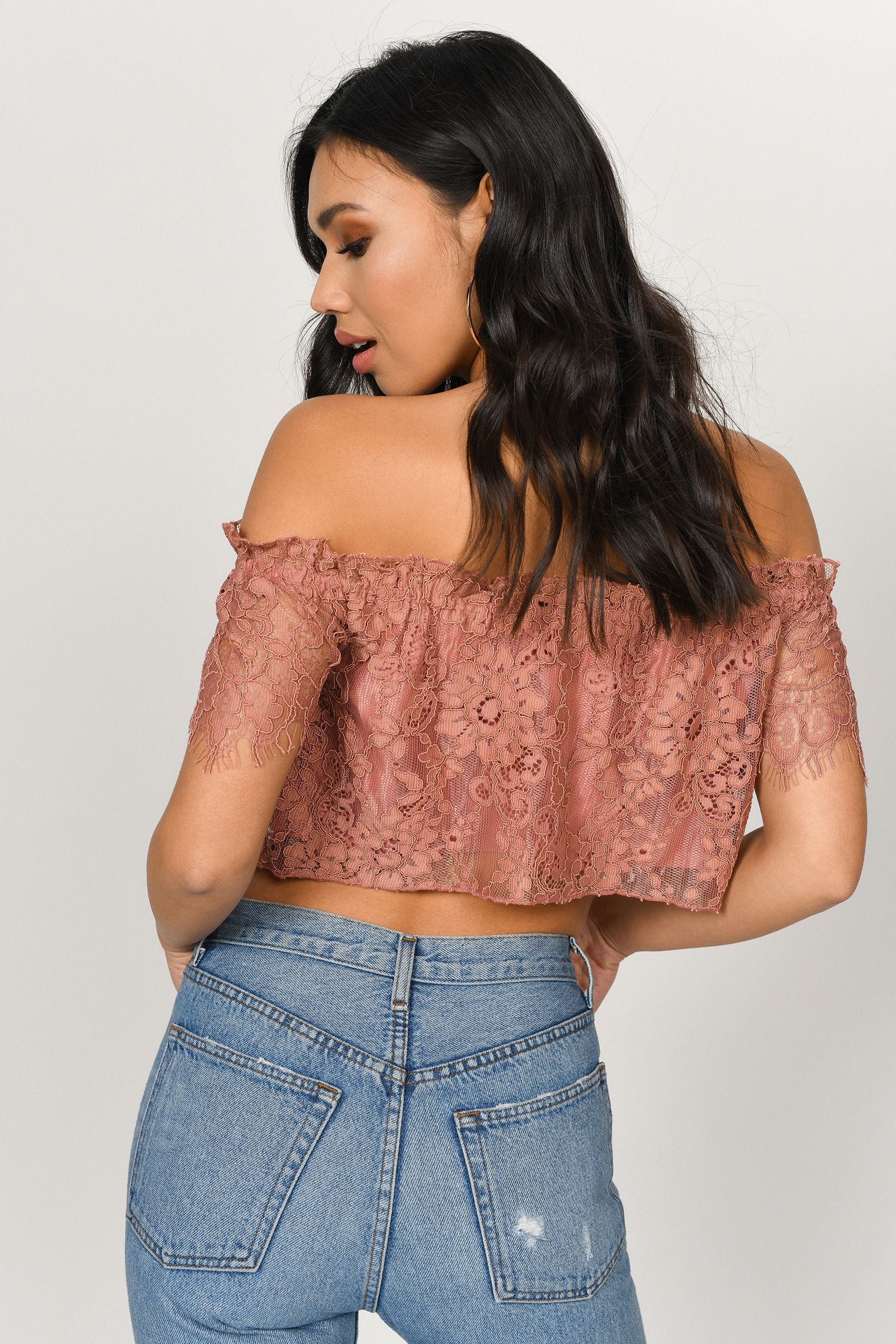 Red Crop Top - Lace Off Shoulder Crop top - Runched Crop Top