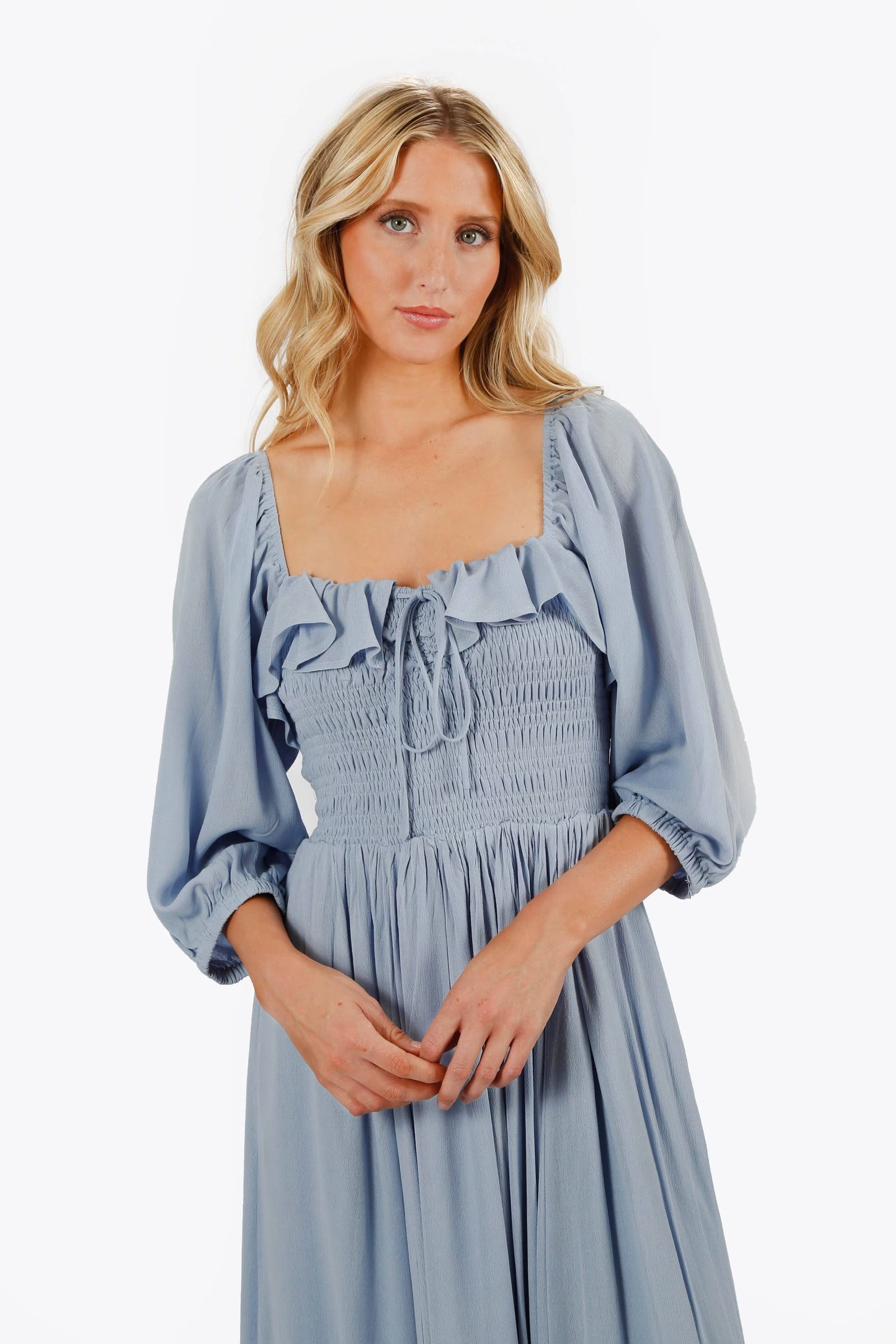 Ariadne Geri Dress Square Neck Smocked Midi Dress - Sky Blue - $41 ...