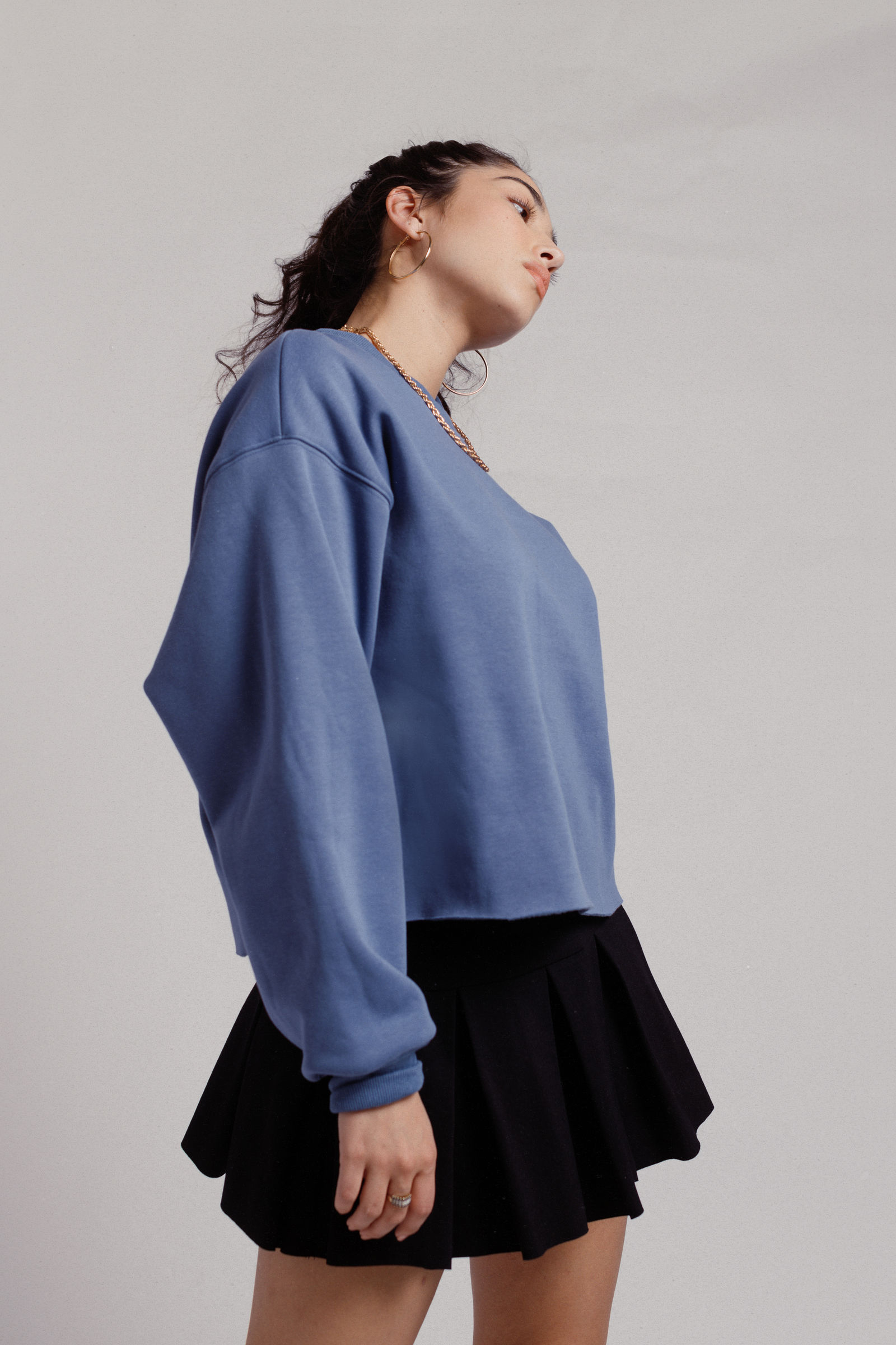 Slate Blue Oversized Sweatshirt - Side Ribbed Sweater - Raw Cut Hem Top