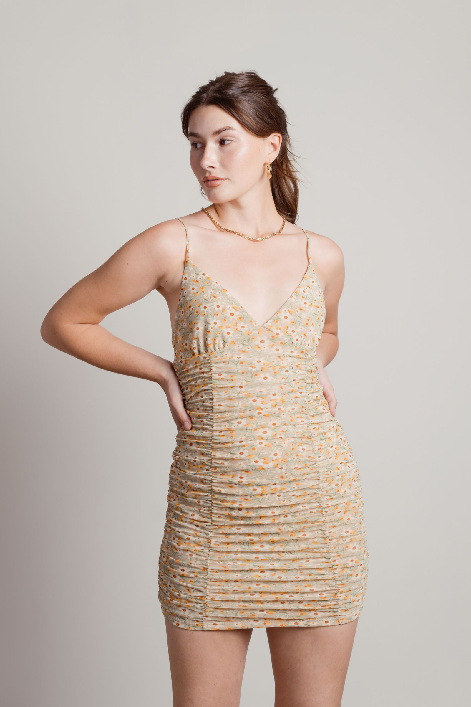 Tan Mesh Dress - Floral Dress - Ruched Bodycon Dress