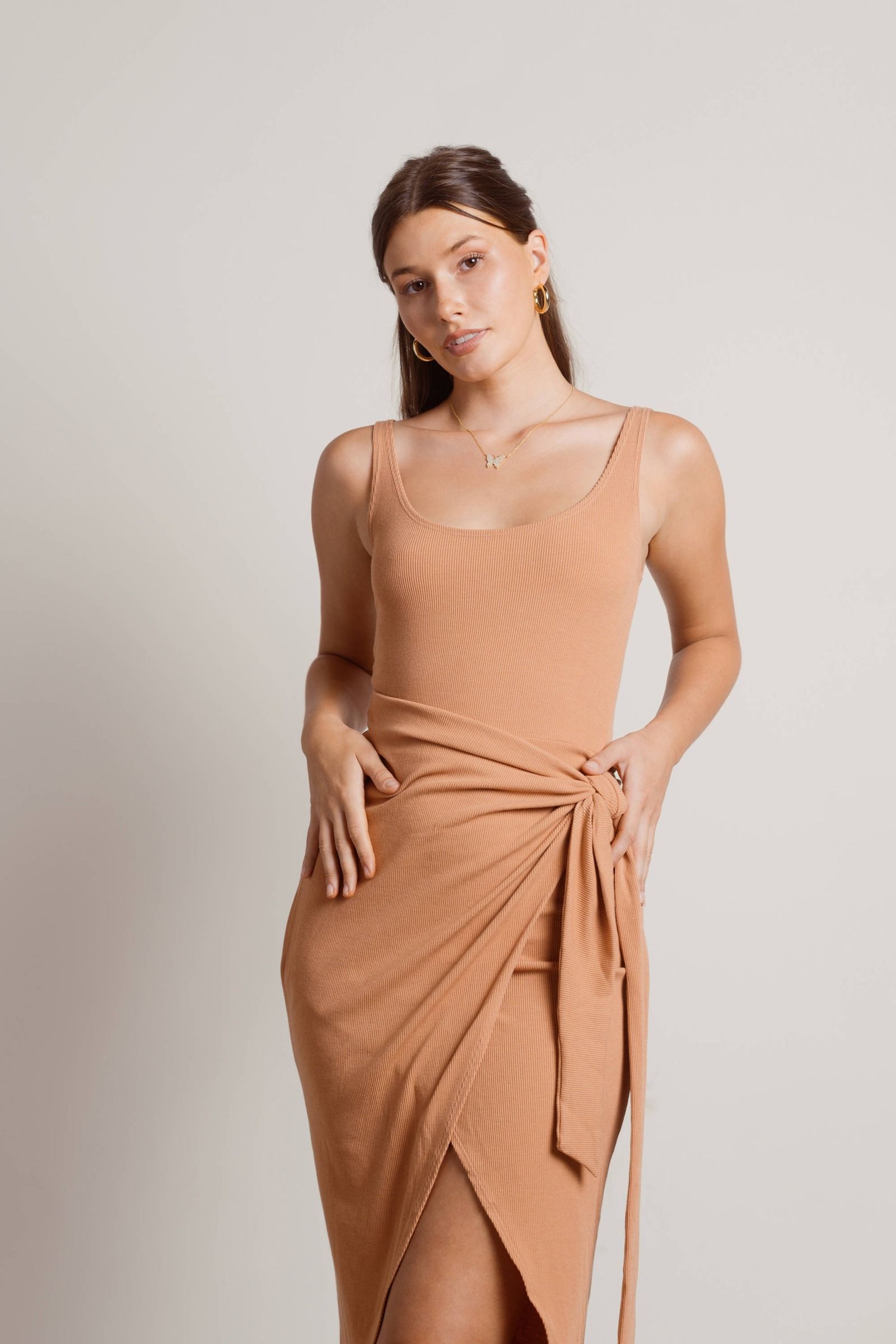 Tan Wrap Dress - Light Brown Midi Dress - Draped Dress