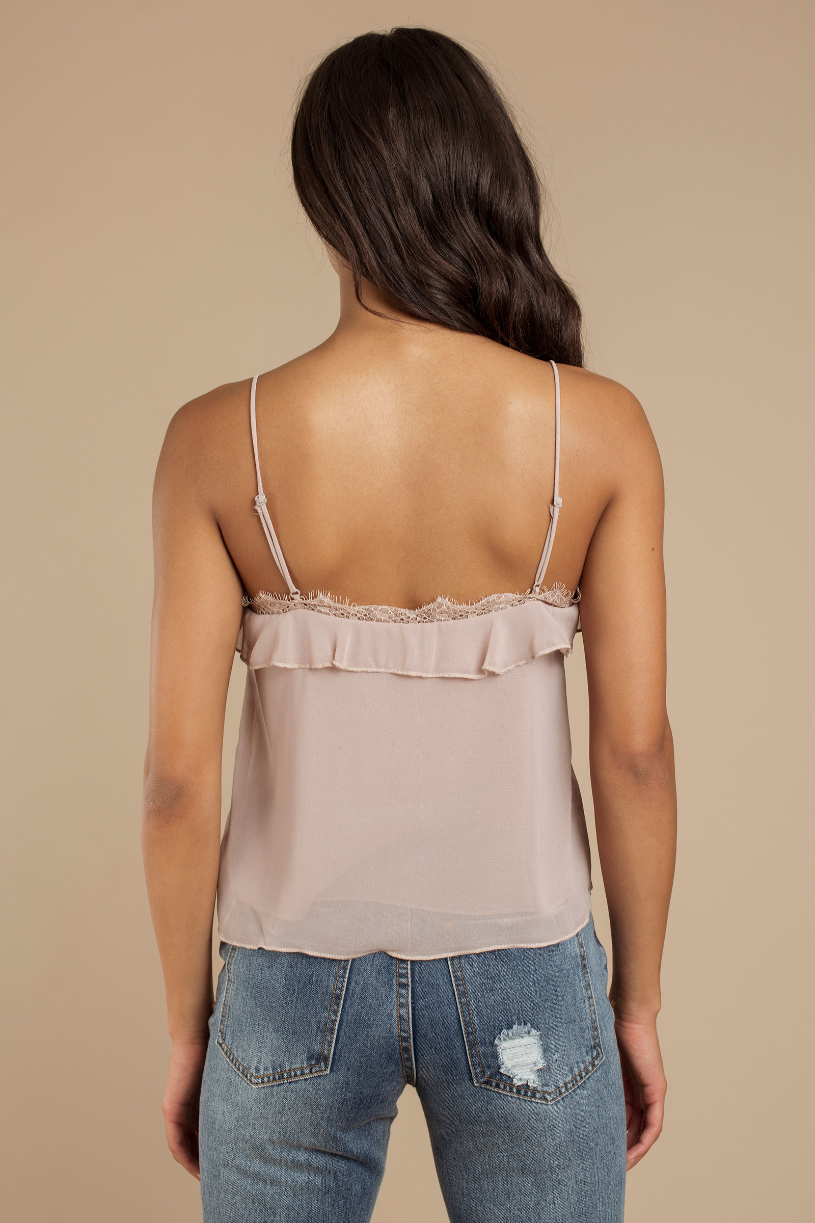 Beige Tank Top - Ruffled Cami - Beige Lace Tank