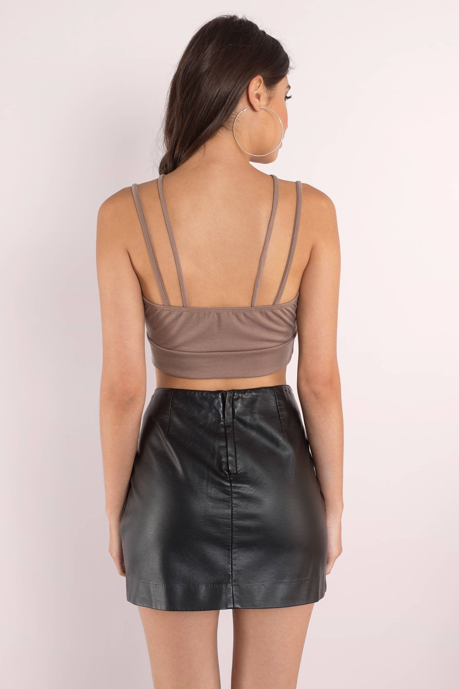 Brown Crop Top - Taupe Strappy Crop Top - Criss Cross Low Back Crop Top