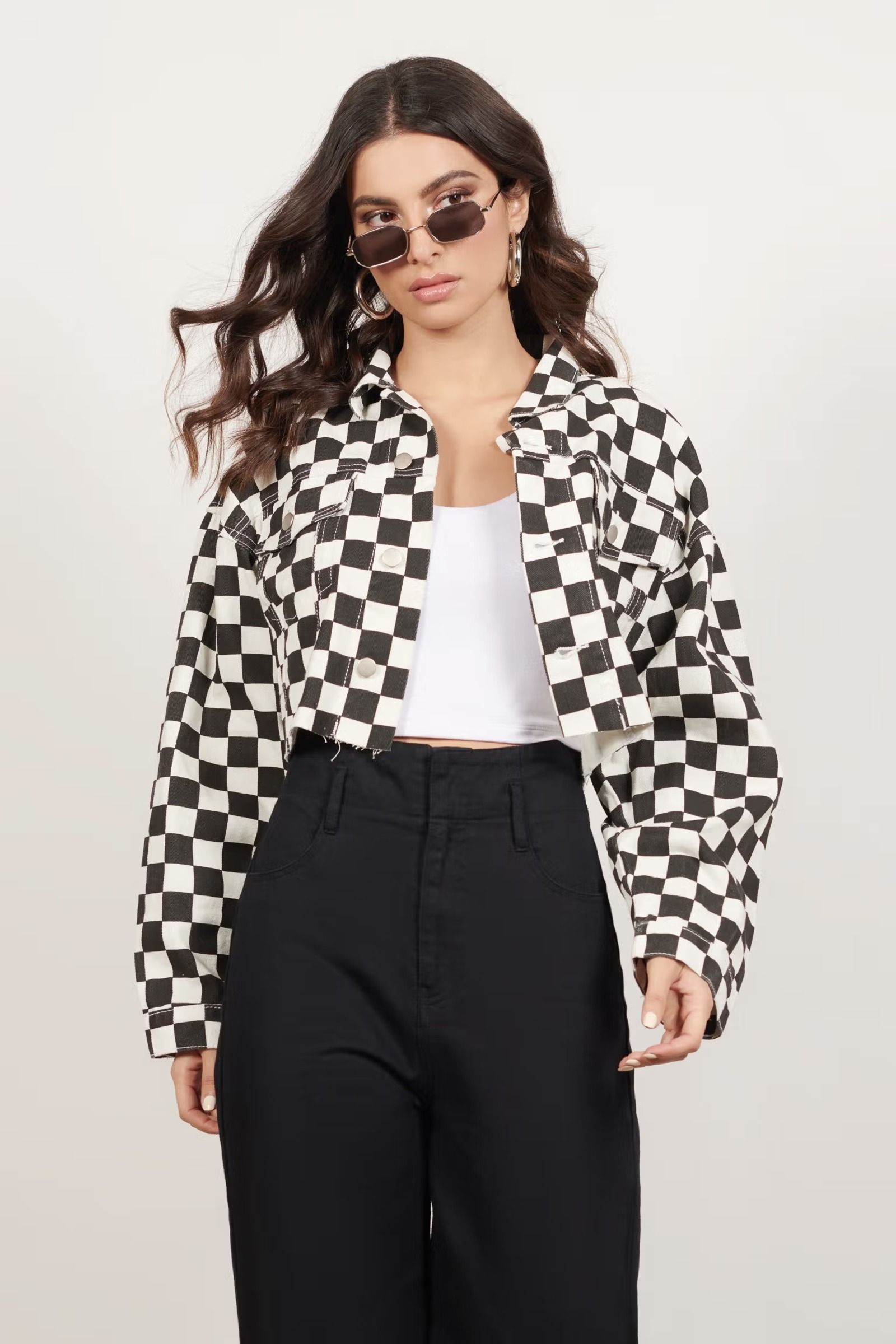 White And Black Denim Jacket - Checkered Denim Jacket - Frayed Hem Jacket