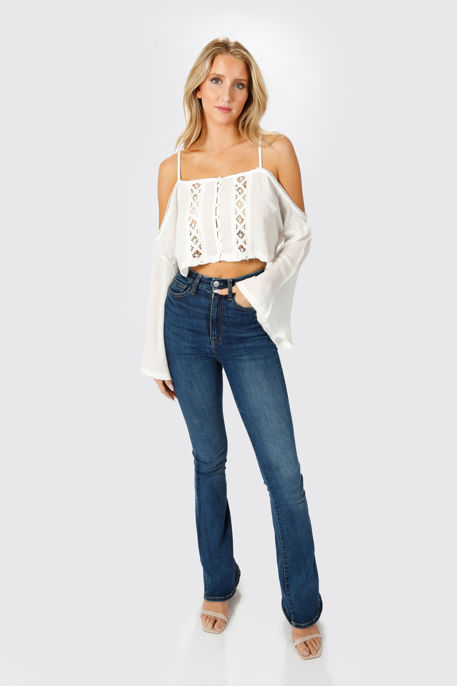 White Crop Top - Cold Shoulder Crop top With Crochet - Bell Sleeve Crop Top