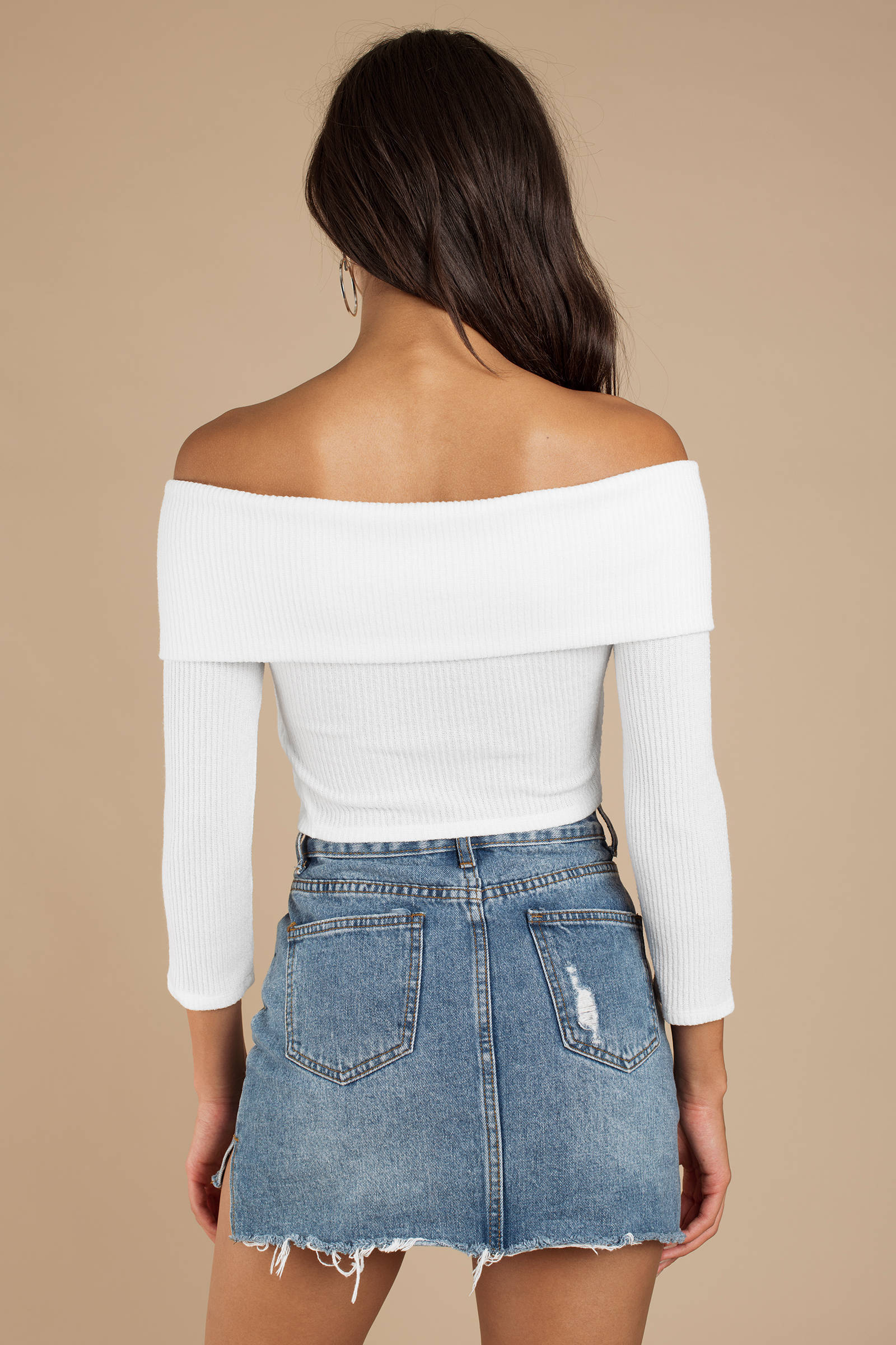 White Crop Top - Crossing Lines Knit Crop Top - Bardot Crop Top Long ...