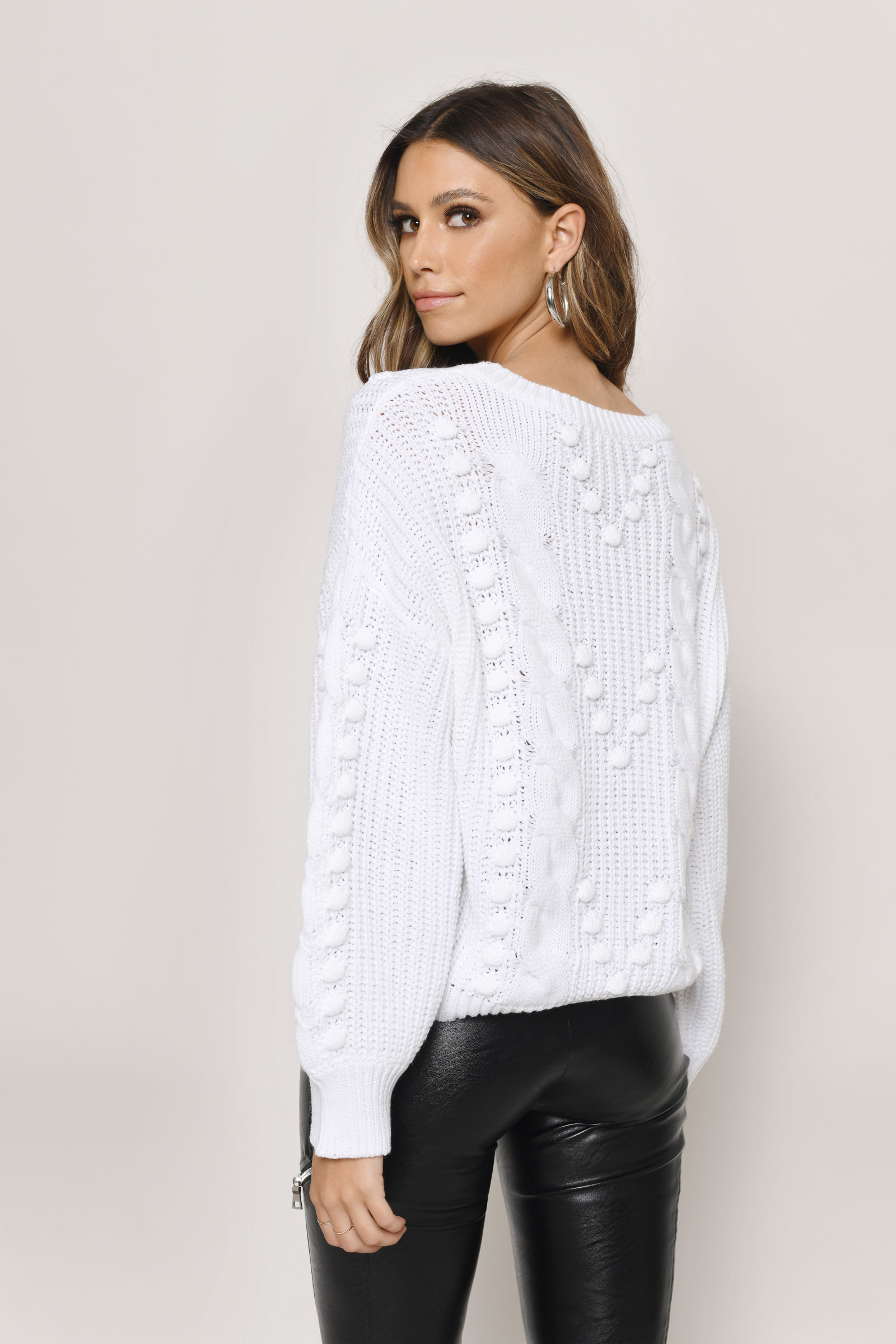 White Sweater - Crew Neckline Sweater - Bubble Sleeve Sweater