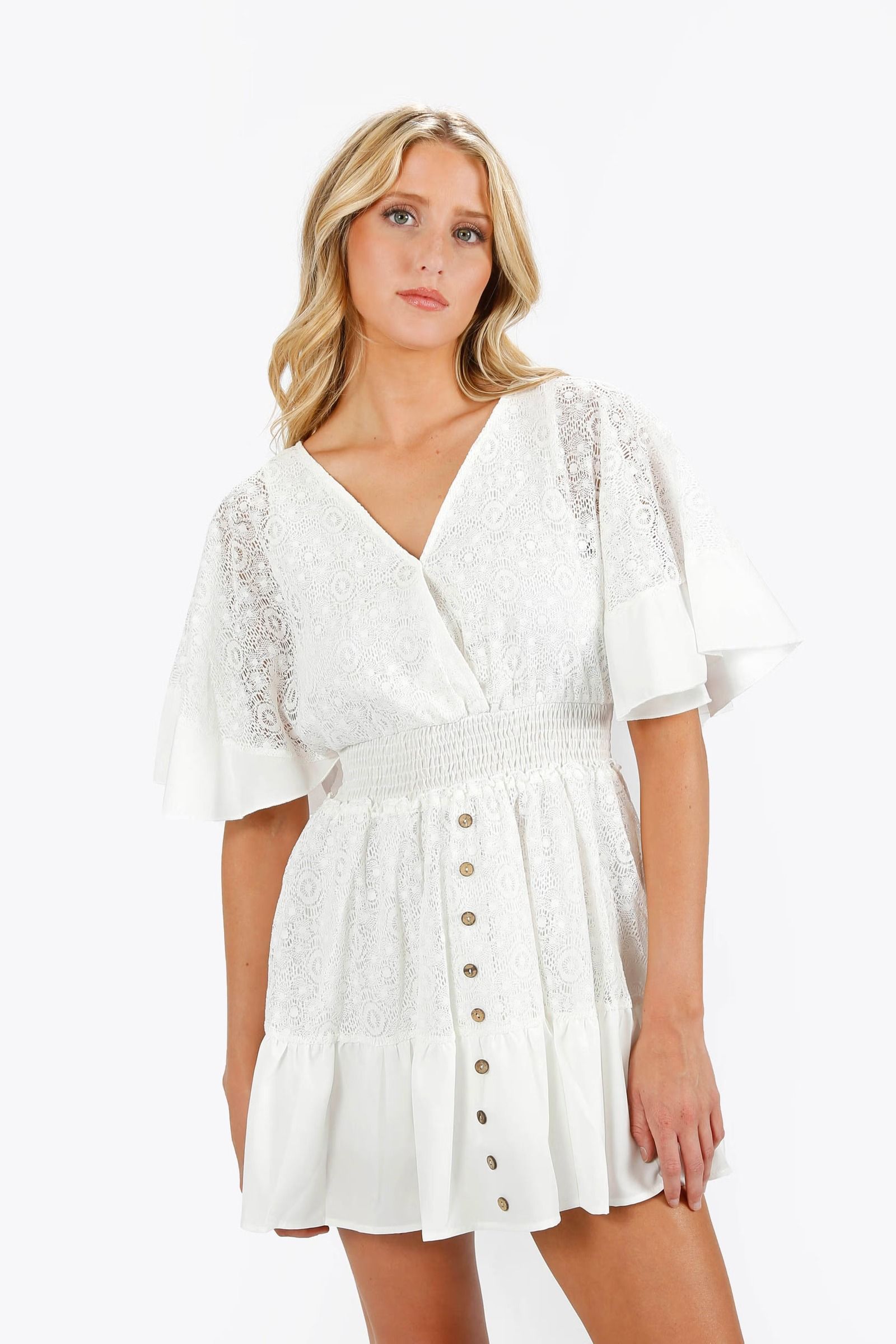Jayanne Lace Flutter Sleeve Mini Dress - White - $34 | Tobi US
