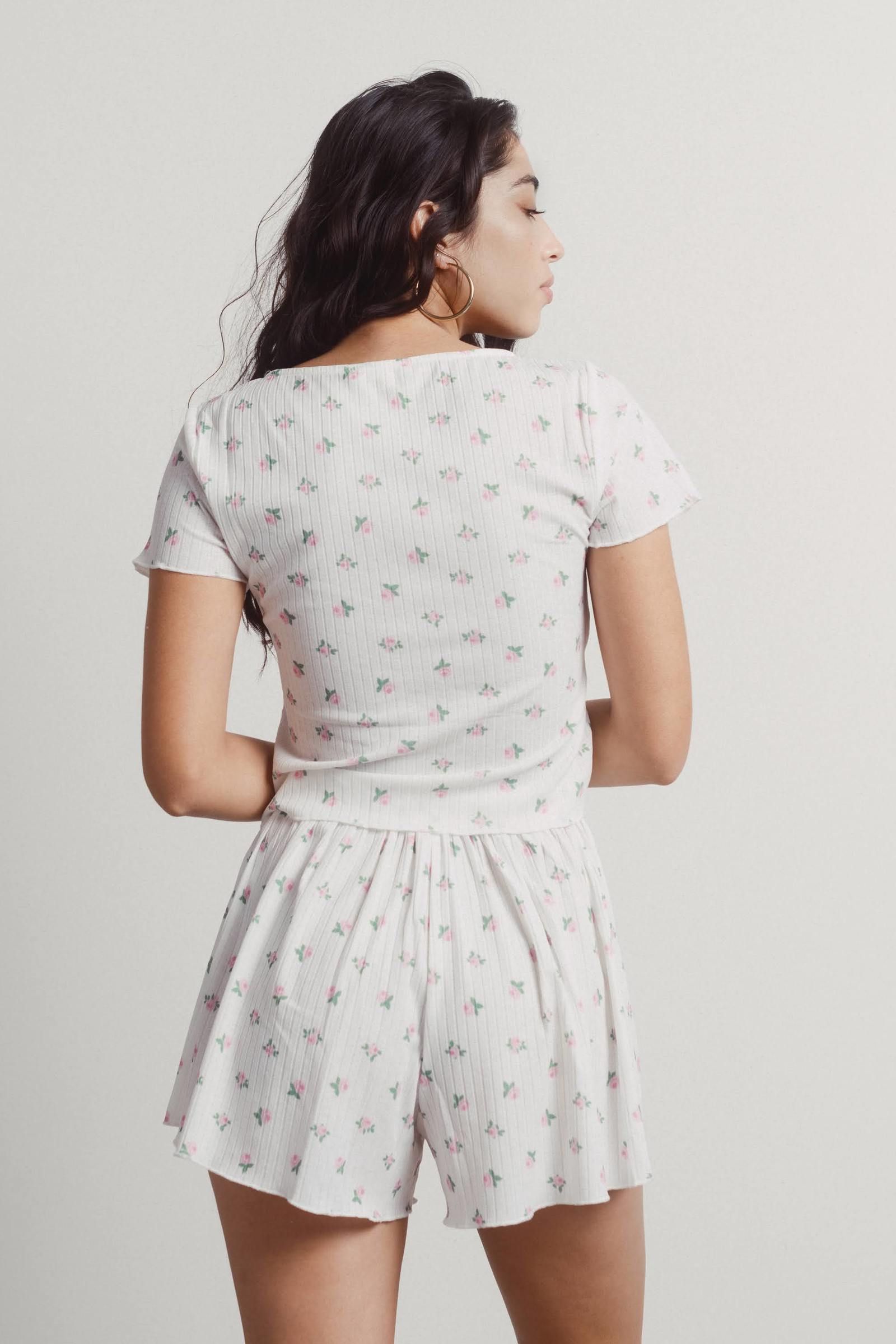 White Shorts Set - Multi Ditsy Floral Shorts Set - Drawstring Waist Tie ...