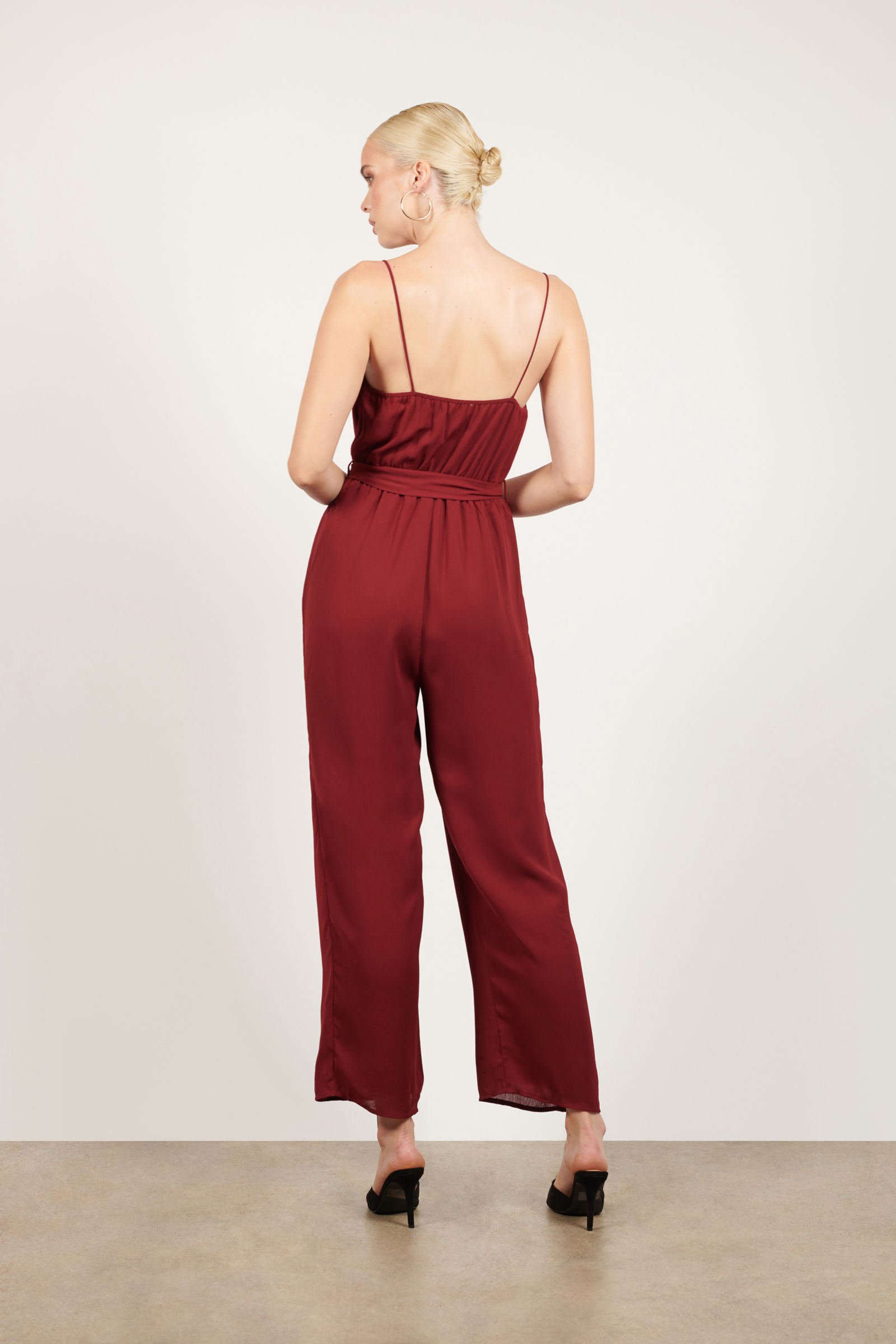 Wine Red Jumpsuit - Cowl Neck Jumpsuit - Waist Tie Jumpsuit