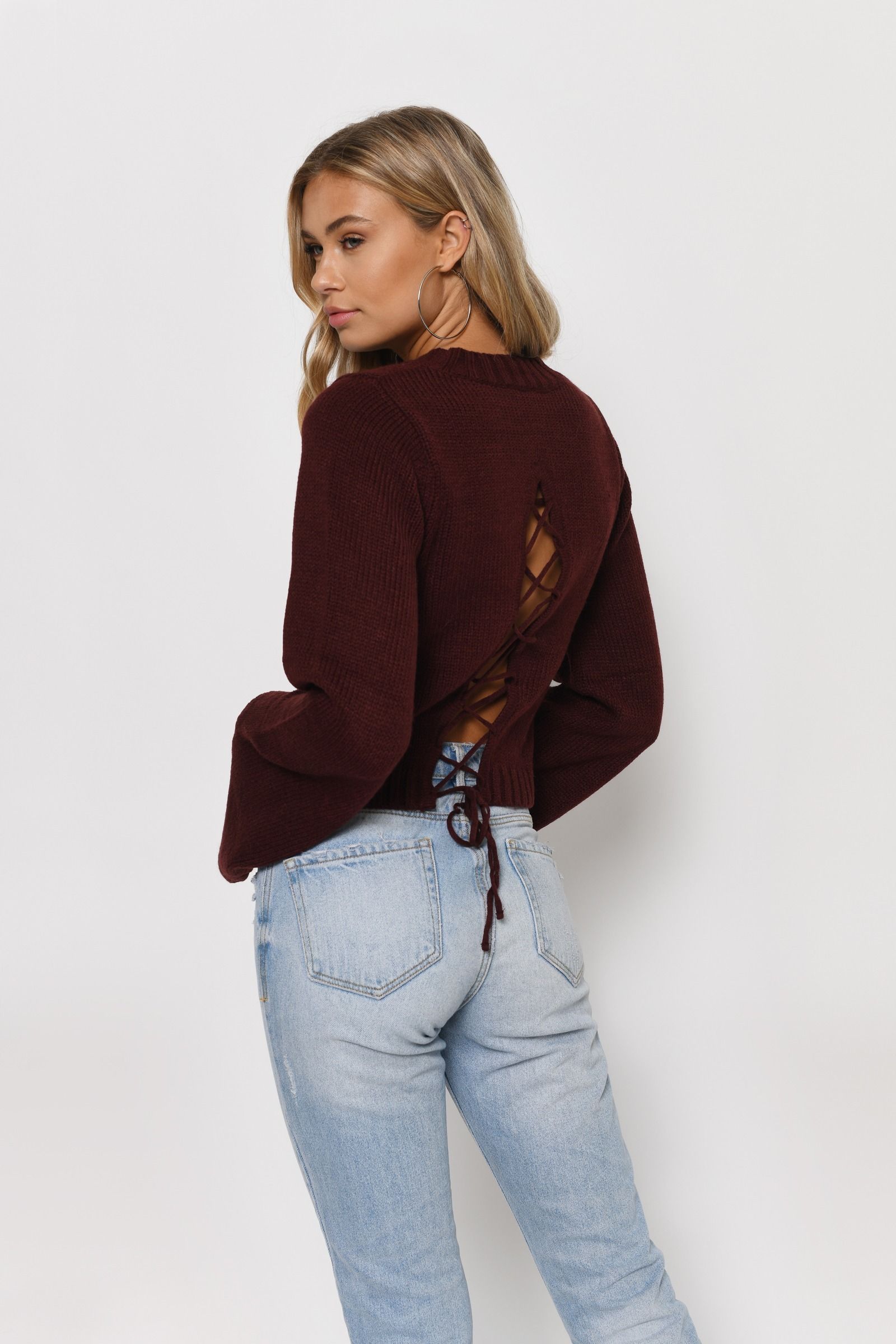 Red Sweater - Lace Up Crop Sweater - Wine Long Sleeve Flared cuffs Sweater