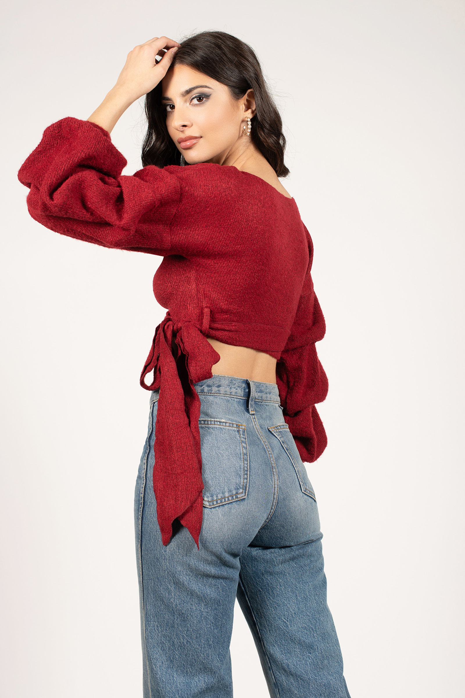 Red Sweater - Wrap Ruched Sleeve Sweater - Wine Puff Sleeve Sweater
