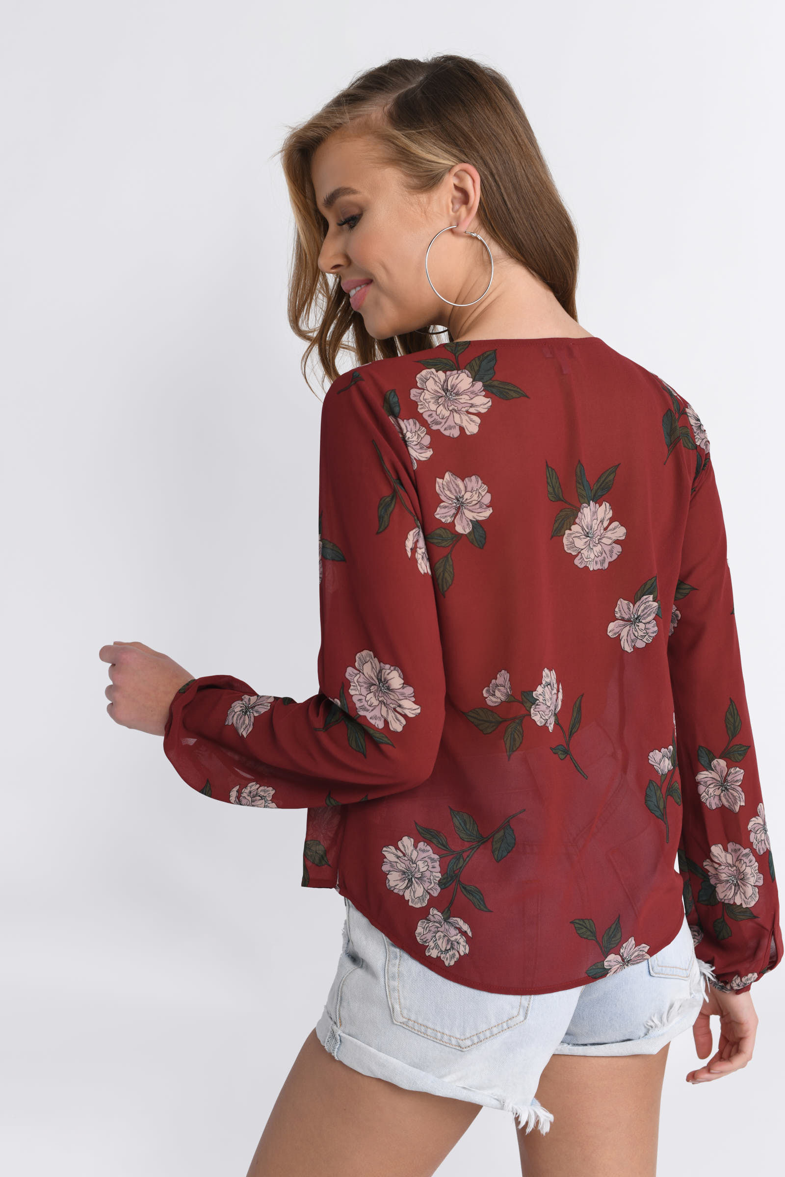 Red Top - Multi Floral Print Top - Wine Long Sleeve Top