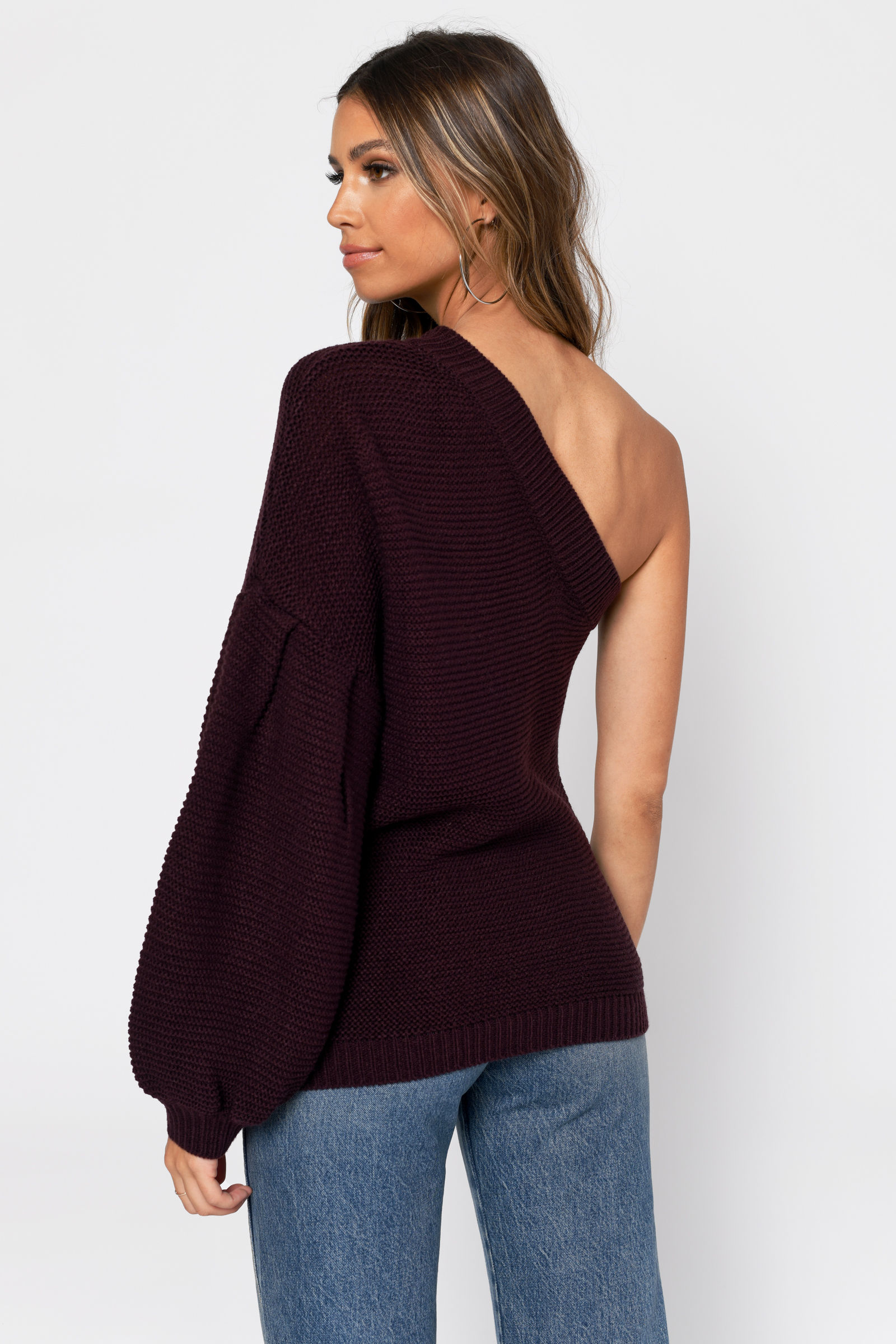 Red Sweater - One Shoulder Sweater - Wine Balloon Sleeve Sweater