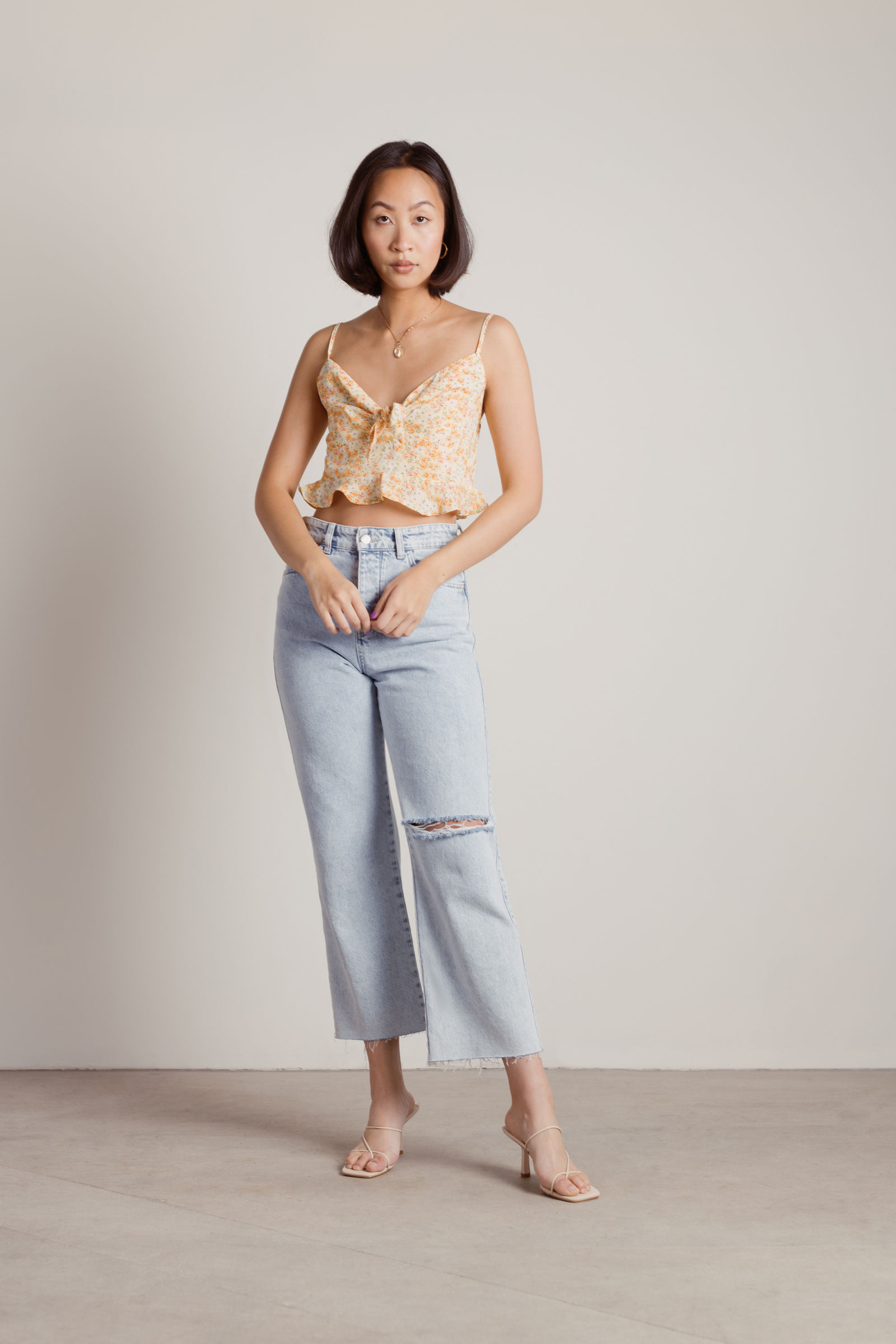 Yellow Crop Tank Top - Floral Print Front Tie Tank Top - Sleeveless ...